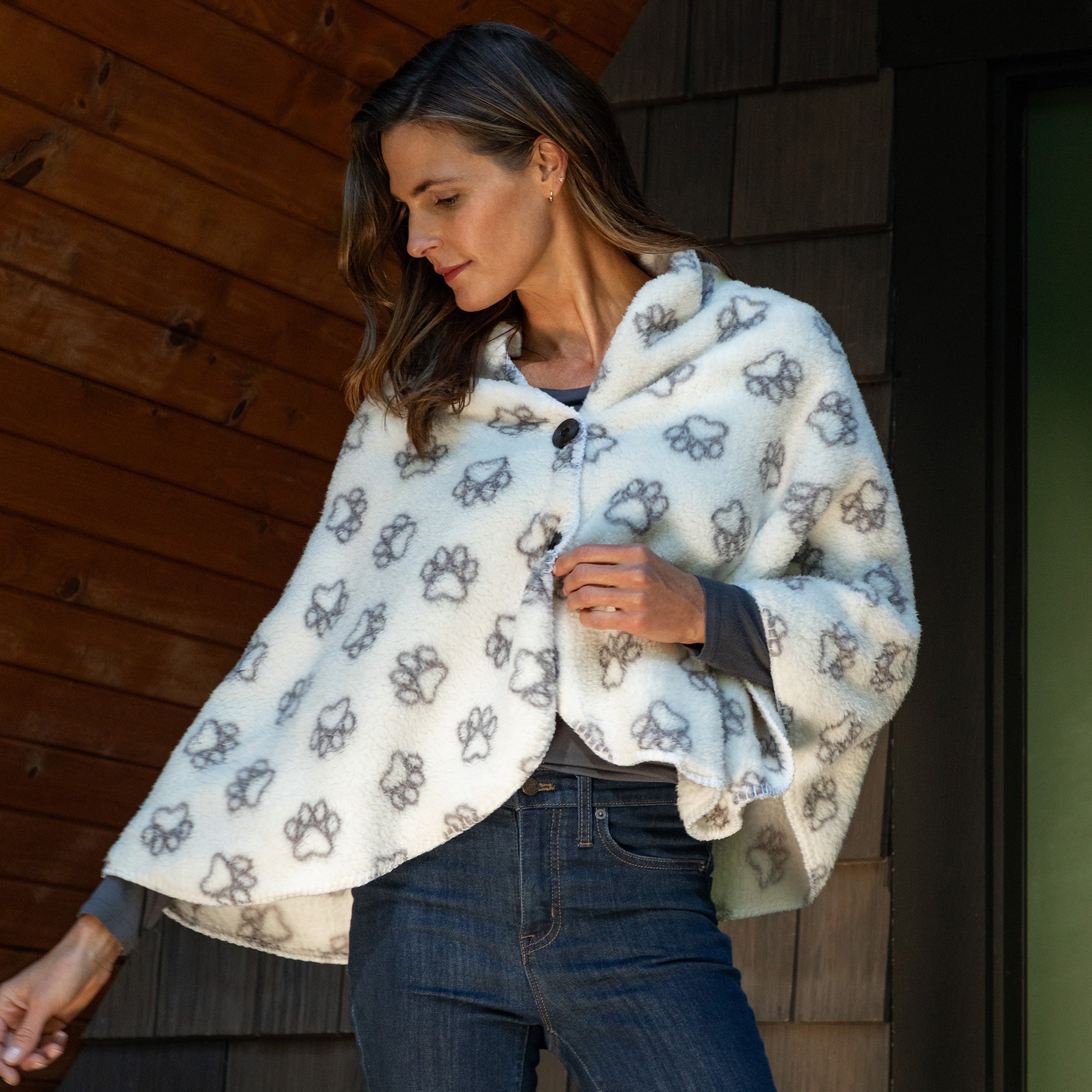 Paw Print Outline Sherpa Fleece Two Button Cape | GreaterGood