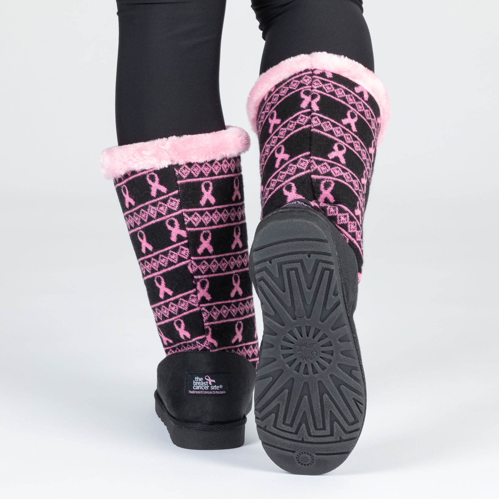 Women's Pink Ribbon Black Knit Boots l Breast Cancer Awareness Shoes ...