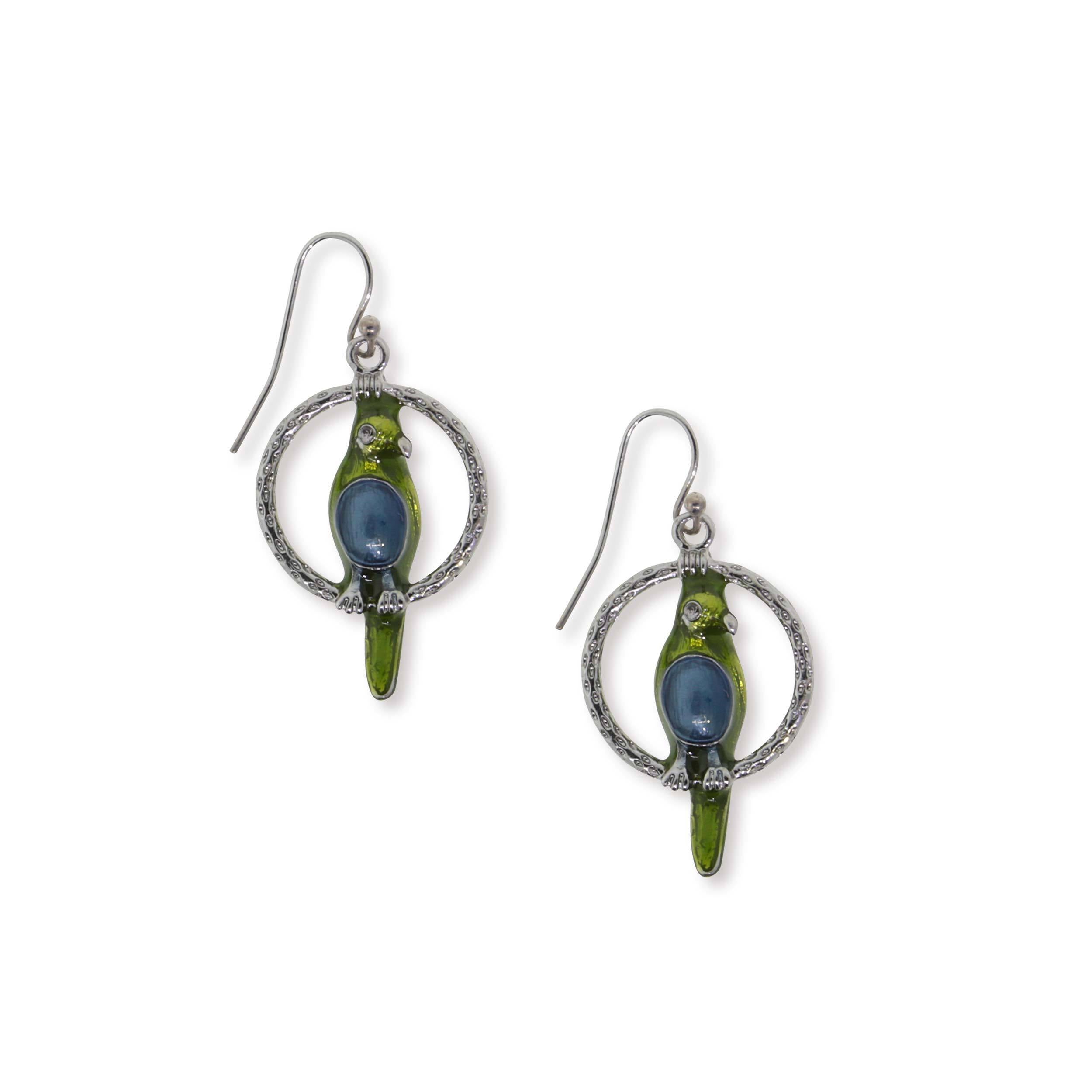 Pewter Hoops with Orange & Pink Enamel Parrot Earrings | GreaterGood