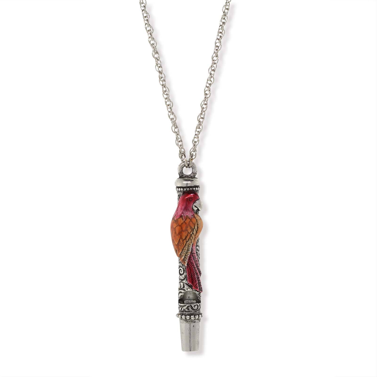 Pewter Orange and Red Enamle Parrot Whistle Necklace 30" | GreaterGood