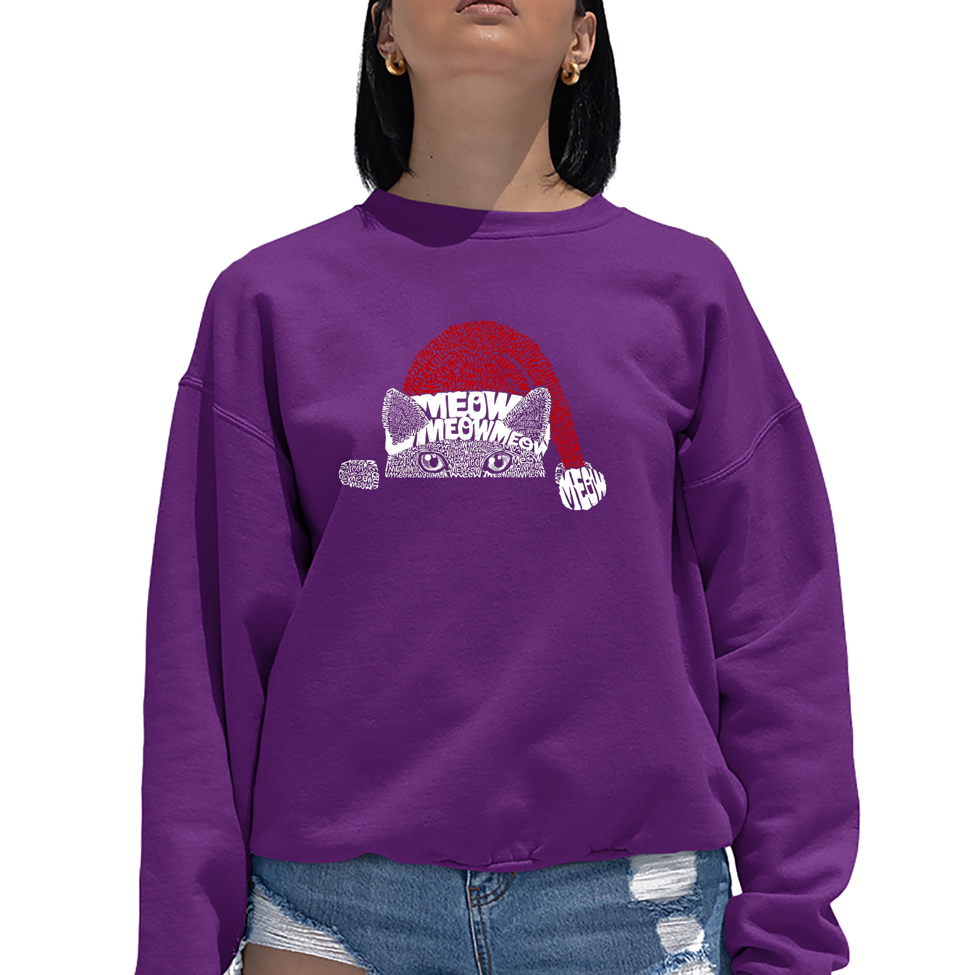 Christmas Peeking Cat - Women's Word Art Crewneck Sweatshirt | GreaterGood