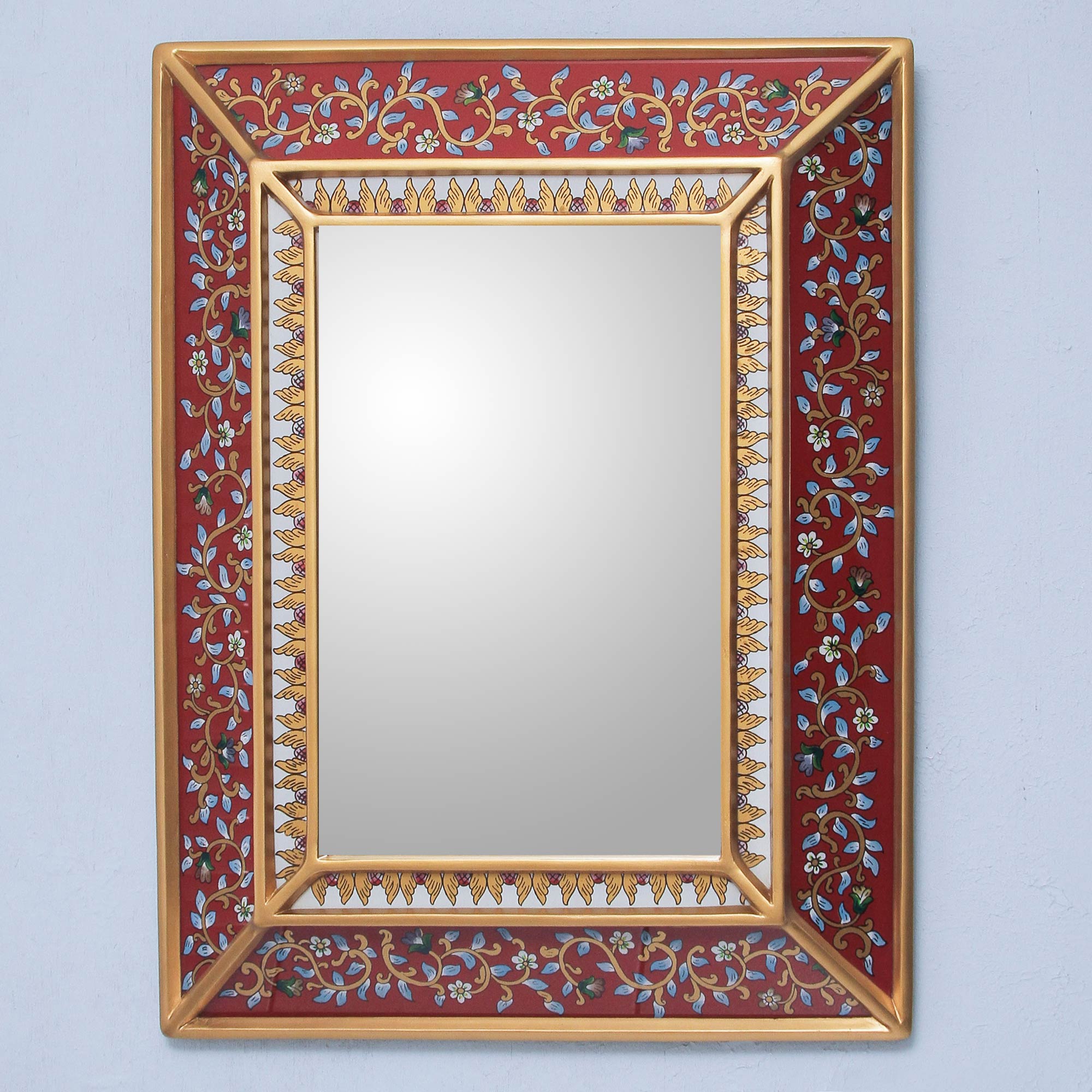 NOVICA Bluebells on Scarlet Fair Trade Reverse Painted Glass Mirror ...