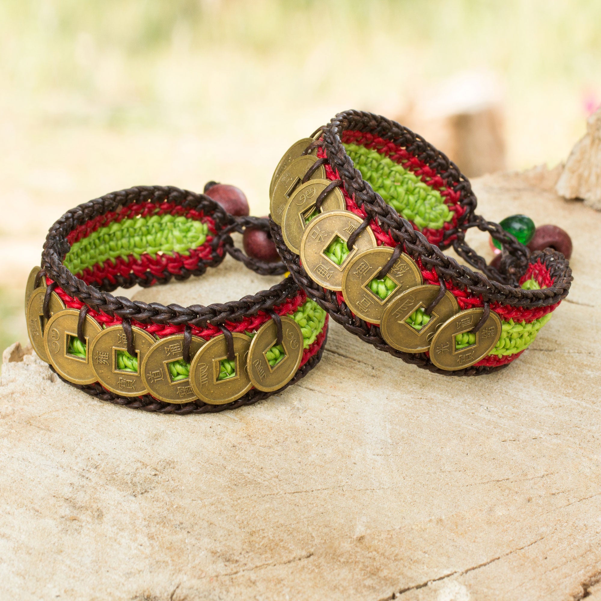 NOVICA Coins of Harmony Hand Crafted Good Fortune Wristband Bracelets ...