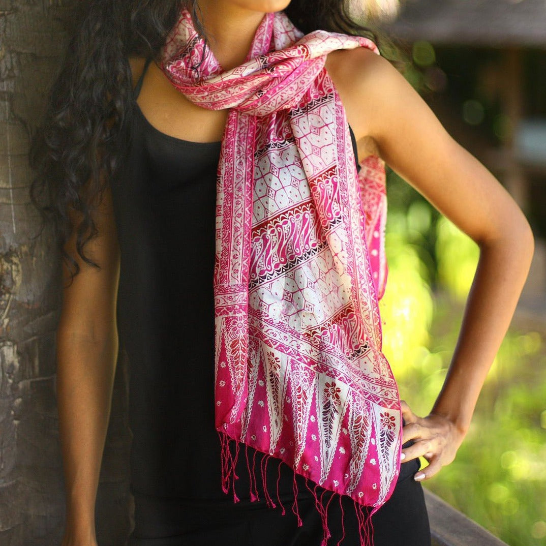 NOVICA Pink Fantasy Silk Batik Scarf | GreaterGood