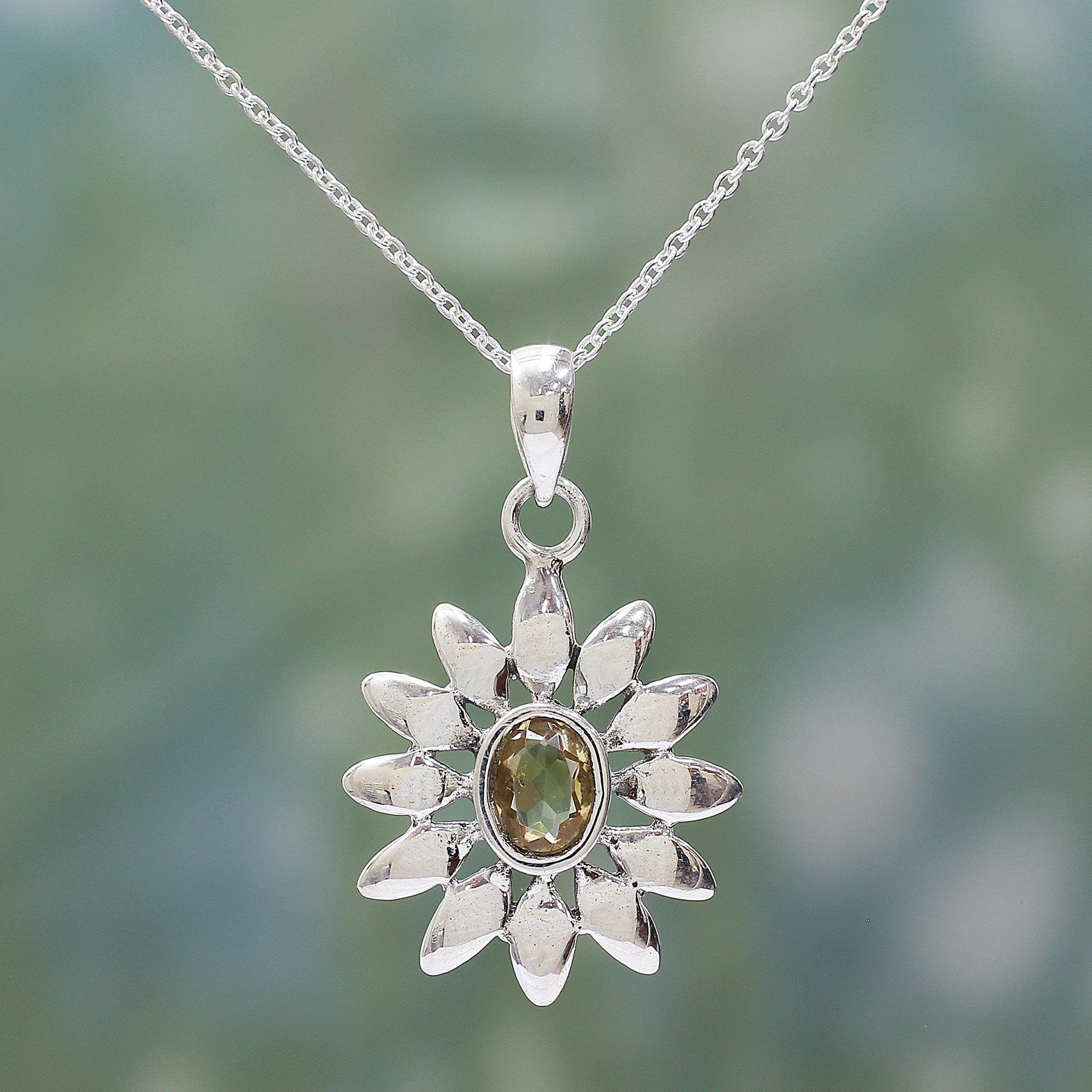 NOVICA Sunflower Citrine & Silver Pendant Necklace | GreaterGood