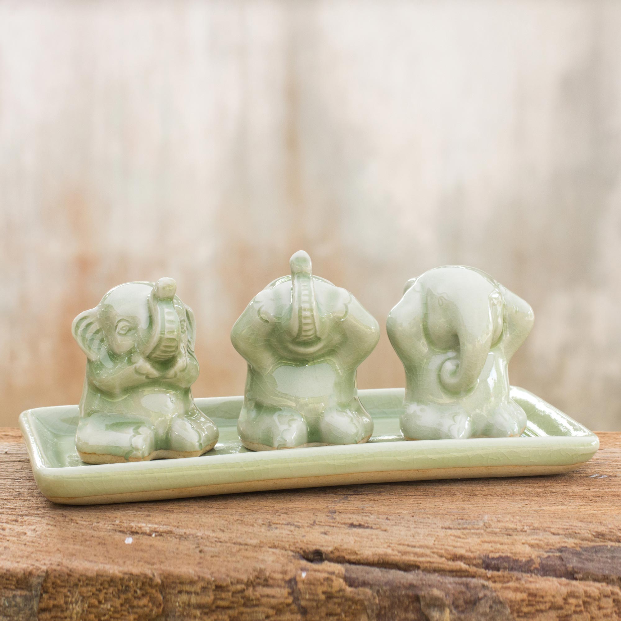 NOVICA Elephant Life Lessons Celadon ceramic figurines (Set of 3 ...
