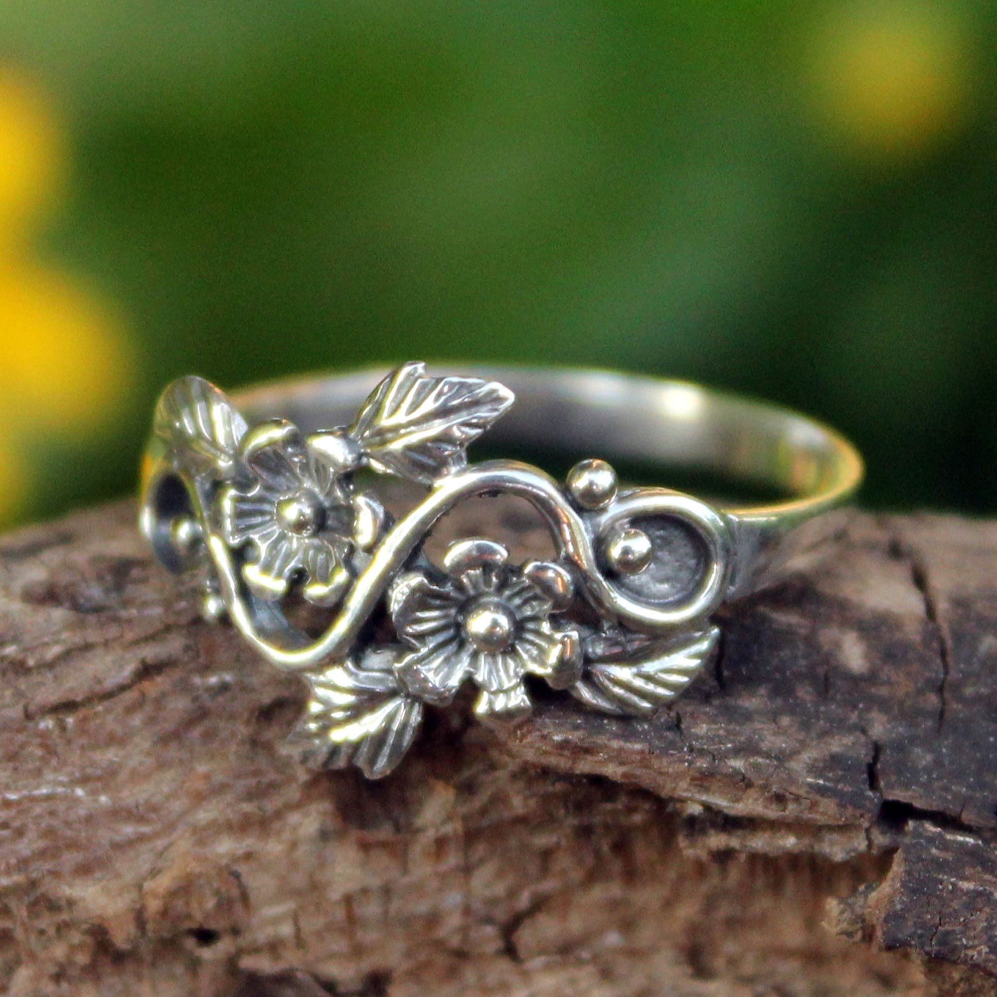 NOVICA Sterling Silver Flower and Leaf Band Ring GreaterGood