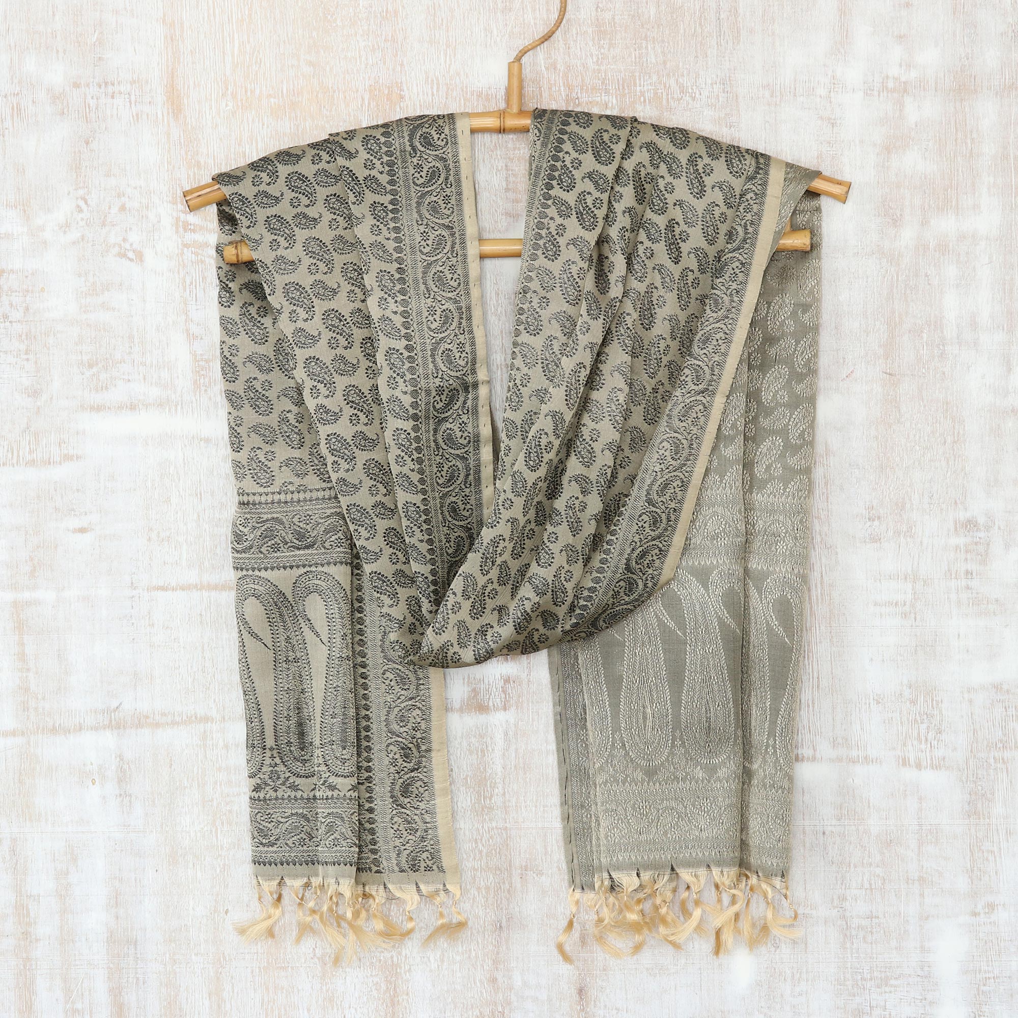 NOVICA Golden Olive Dusk Banarasi silk shawl | GreaterGood