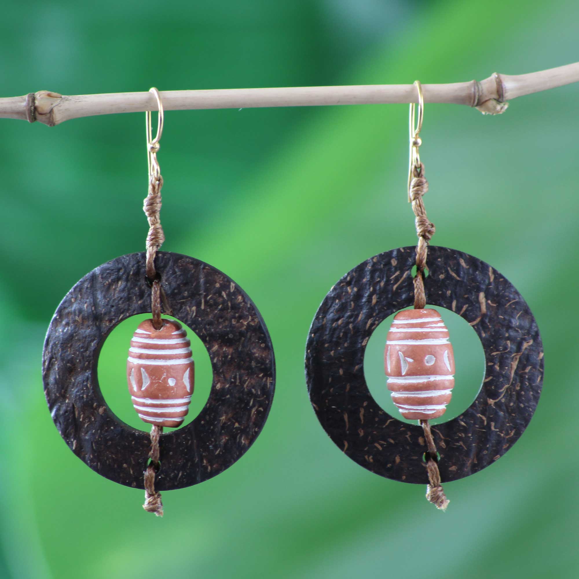 NOVICA Medieval Hoops Handmade African Coconut Shell Dangle Earrings ...