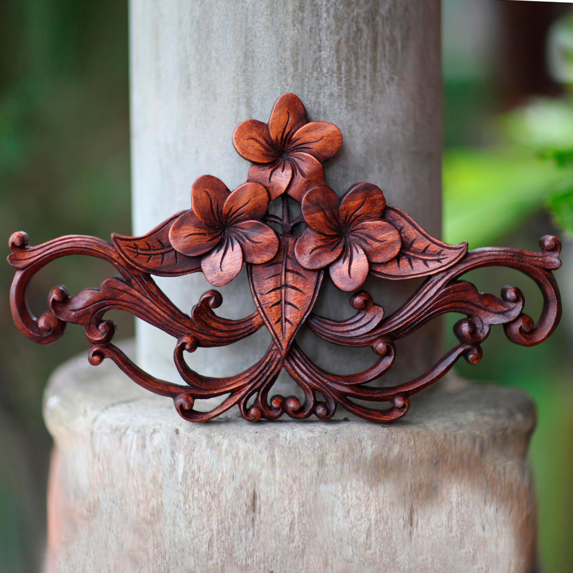NOVICA Frangipani Garland Handmade Floral Wood Relief Panel from ...