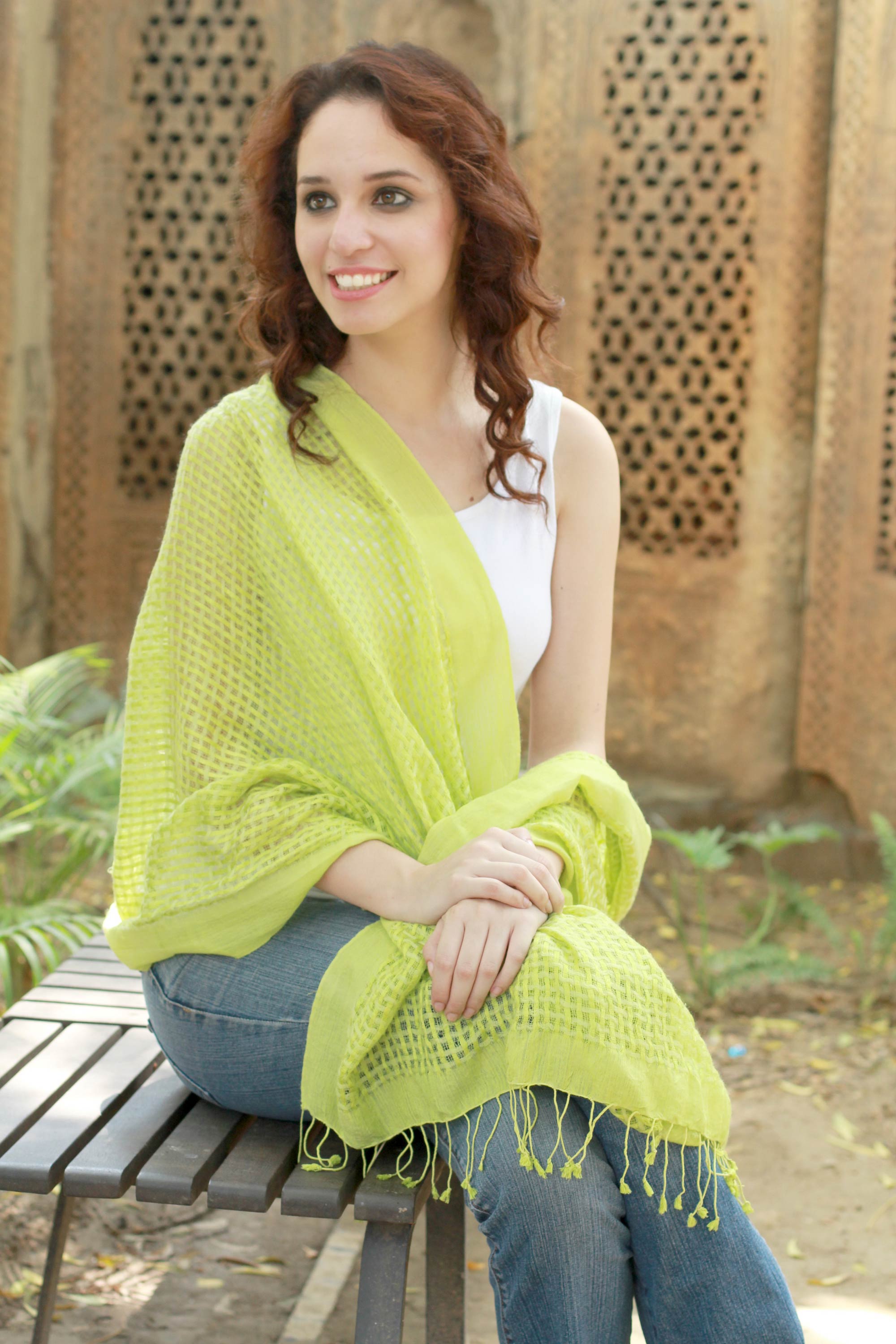 NOVICA Chartreuse Bliss Chartreuse Wool and Silk Wrap Patterned Shawl ...