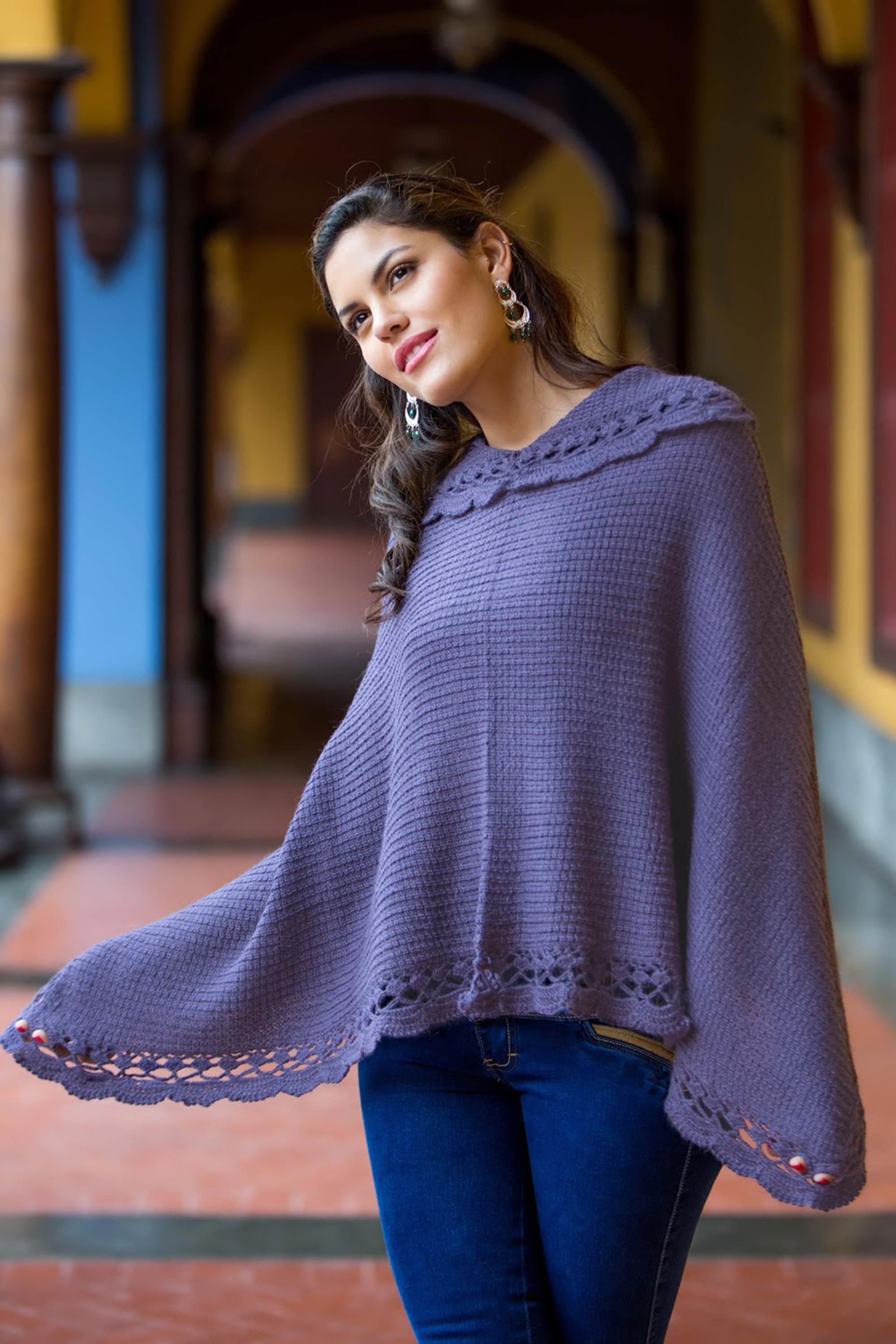 NOVICA Arequipa Purple Alpaca Wool Blend Poncho from Peru | GreaterGood