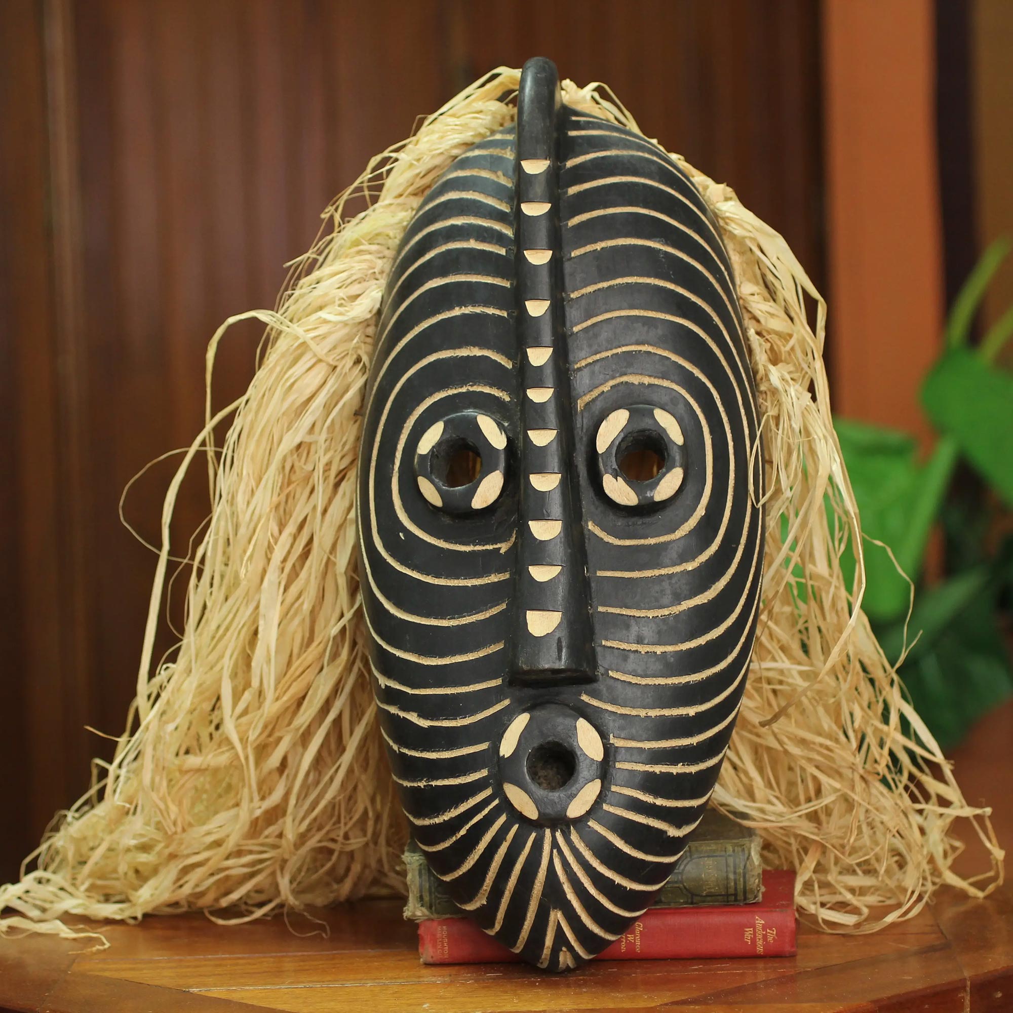 NOVICA Northern Water Spirit Hand Carved African Mask with Raffia ...