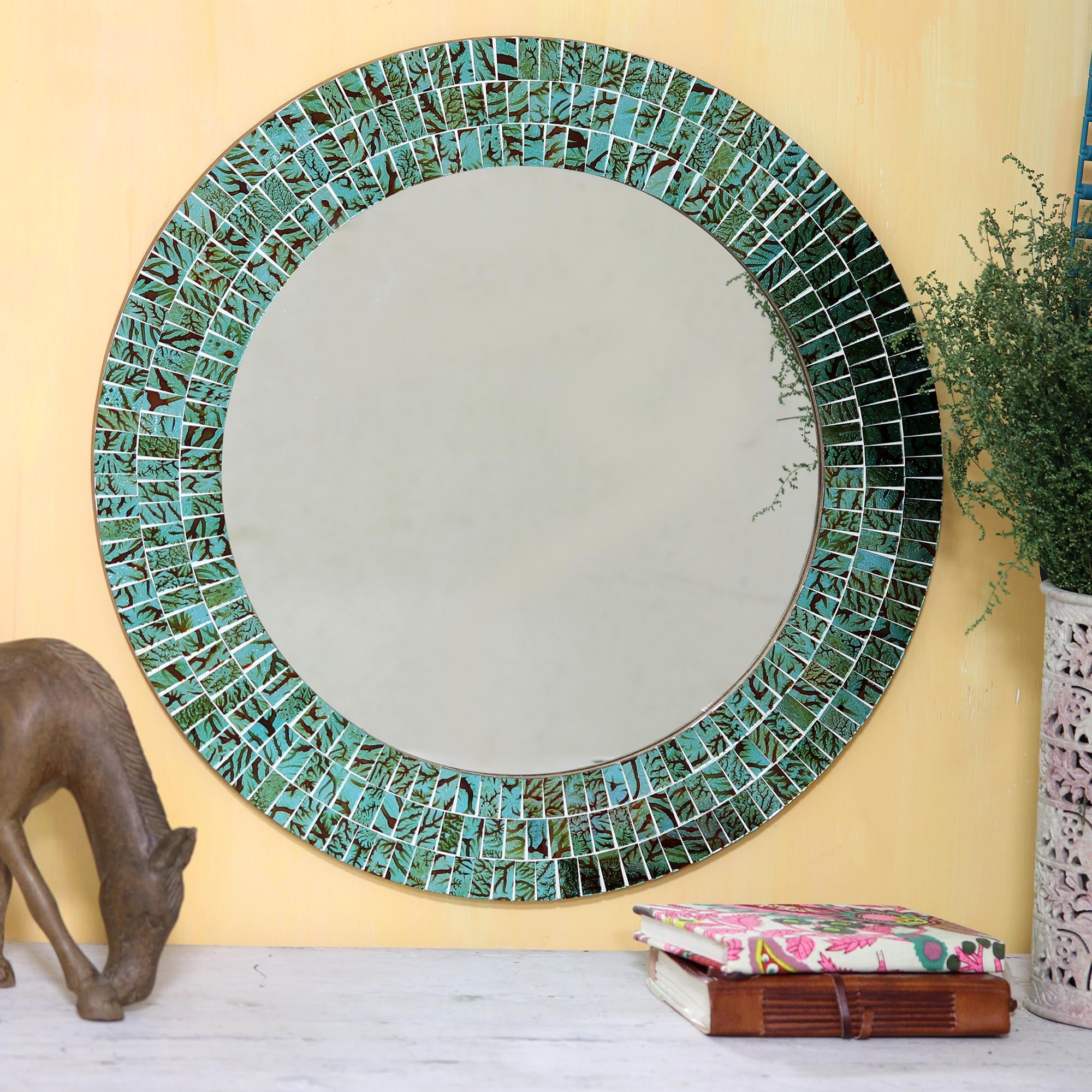NOVICA Turquoise Sunset Glass Tiles Round Wall Mirror | GreaterGood