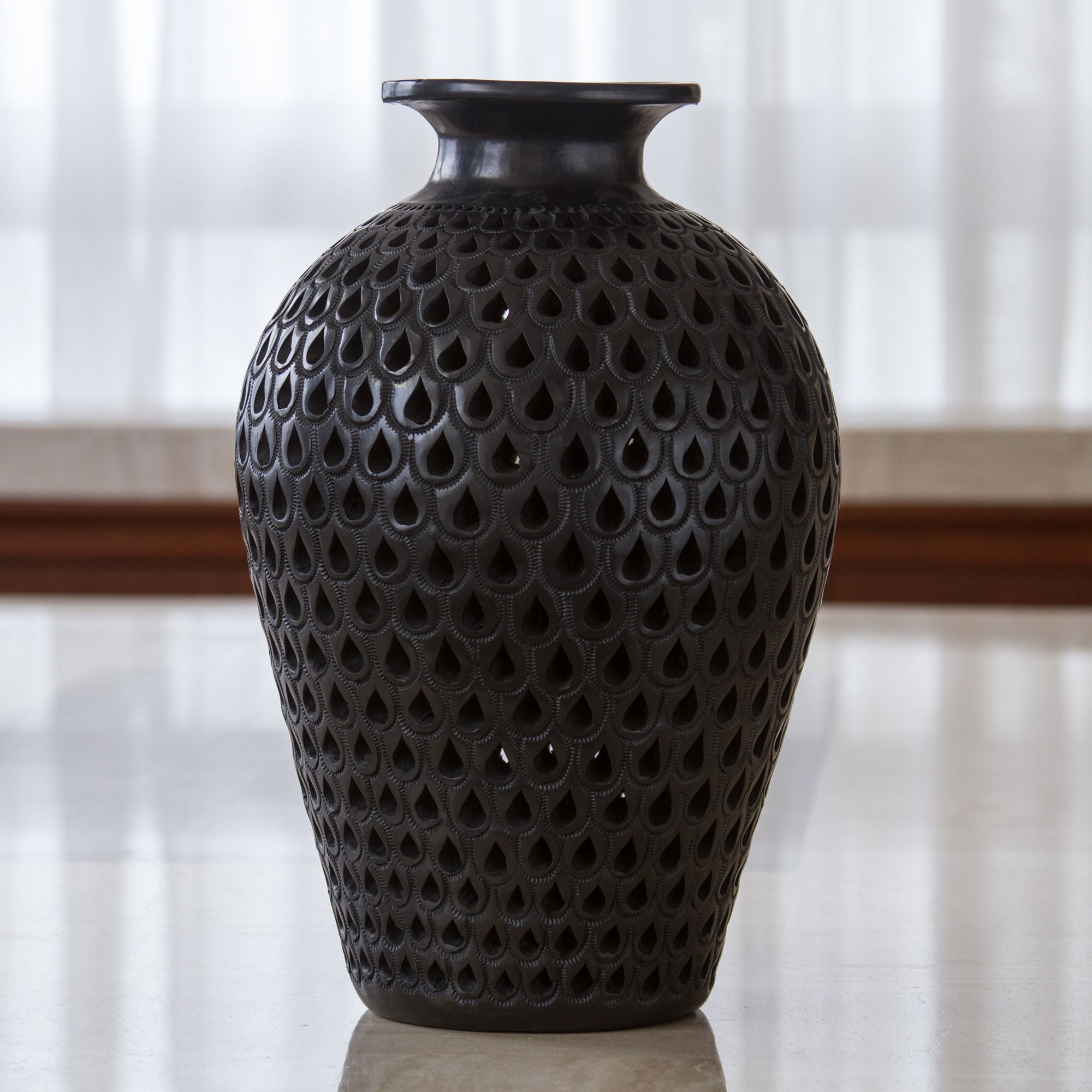 NOVICA Black Peacock Incised Black Pottery Vase from Mexico | GreaterGood