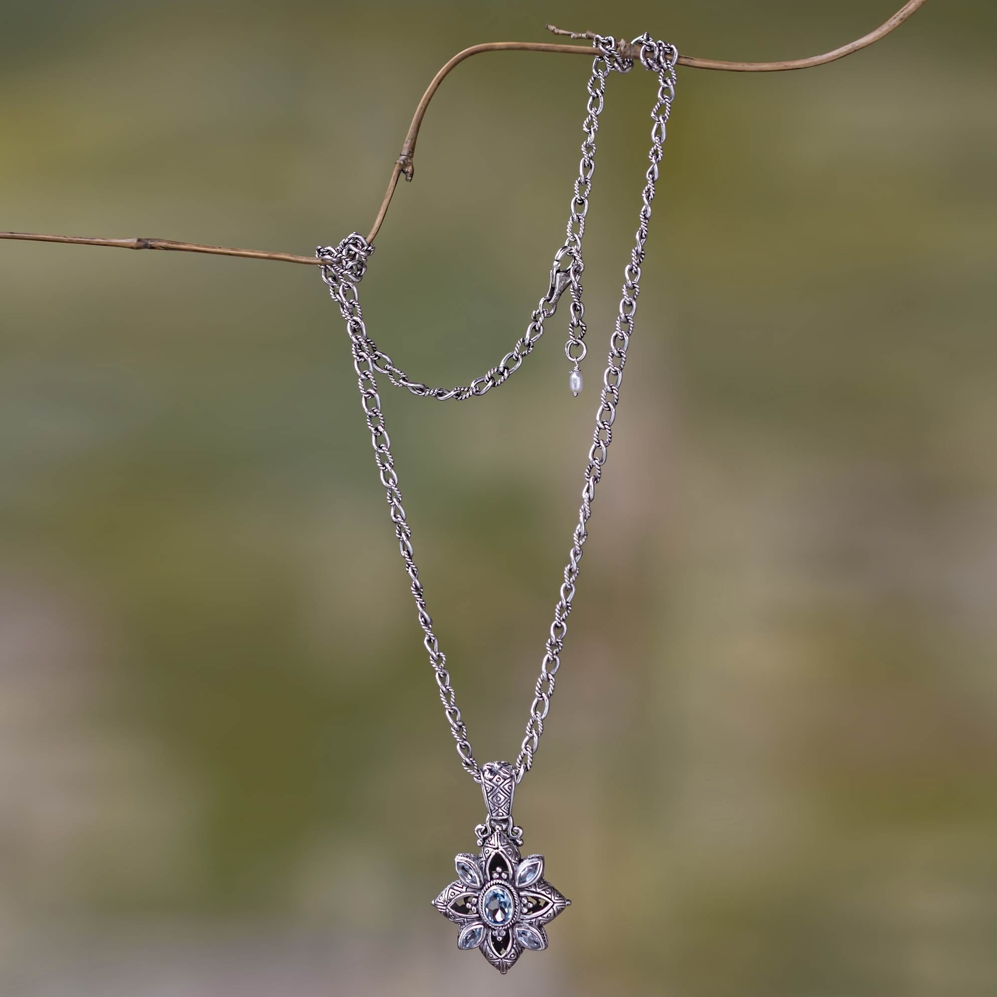 NOVICA Jasmine Shield Floral Sterling Silver Necklace with Blue Topaz 2 ...
