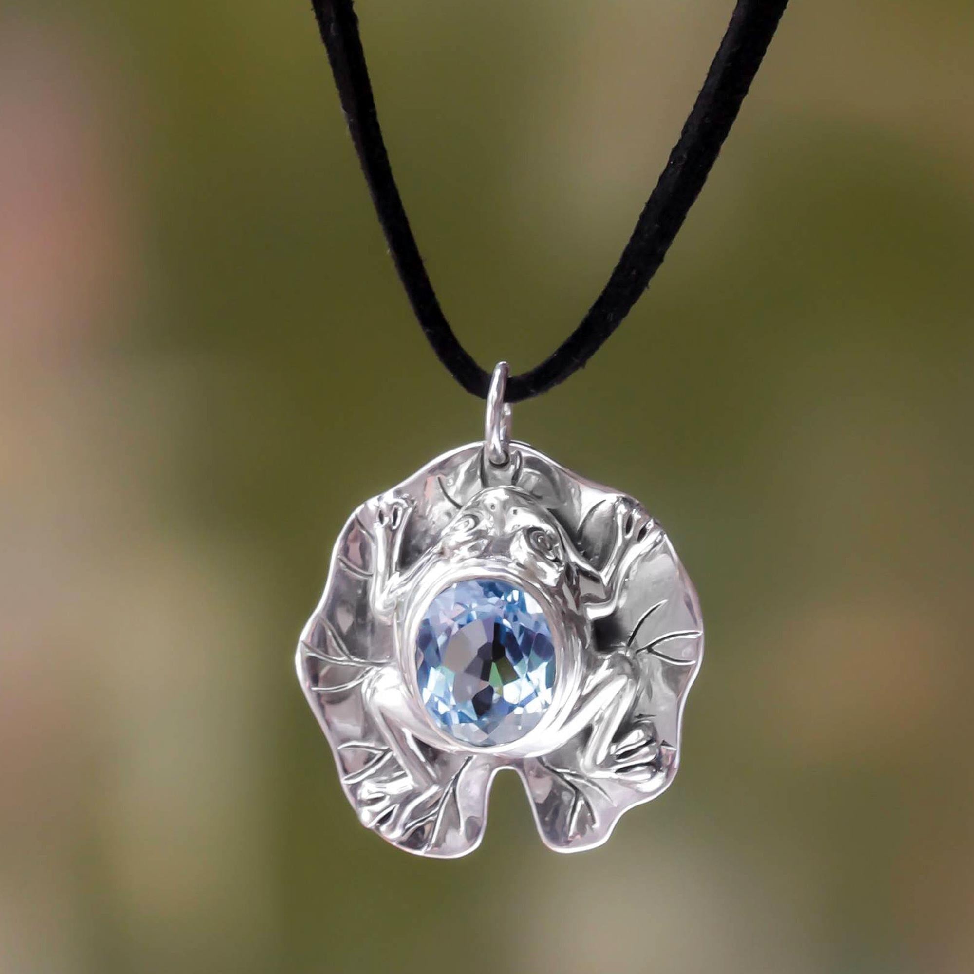 NOVICA Frog Prince Artisan Crafted Blue Topaz Frog Necklace | GreaterGood