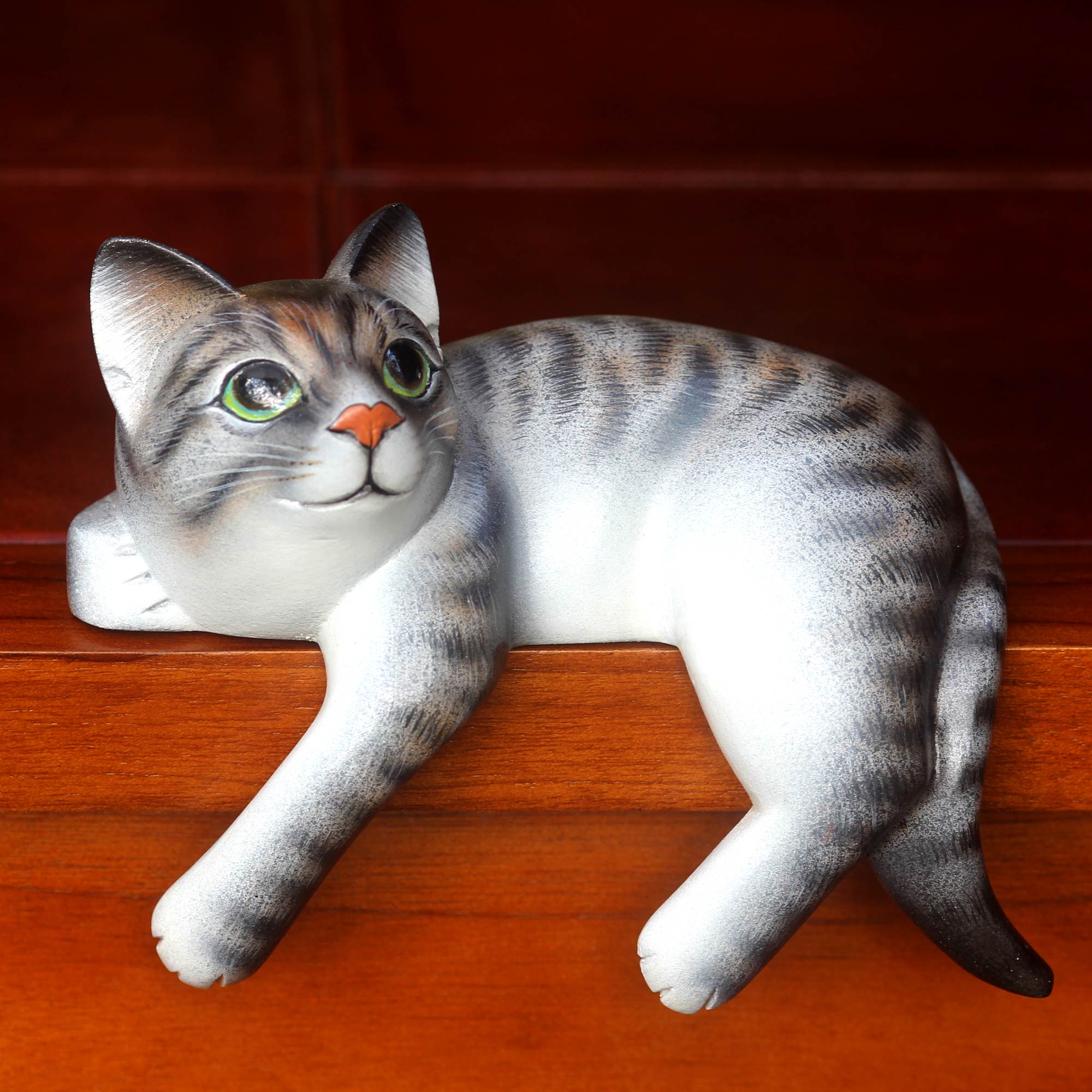 NOVICA Tabby Cat Relaxes Signed Balinese Tabby Cat Sculpture | GreaterGood