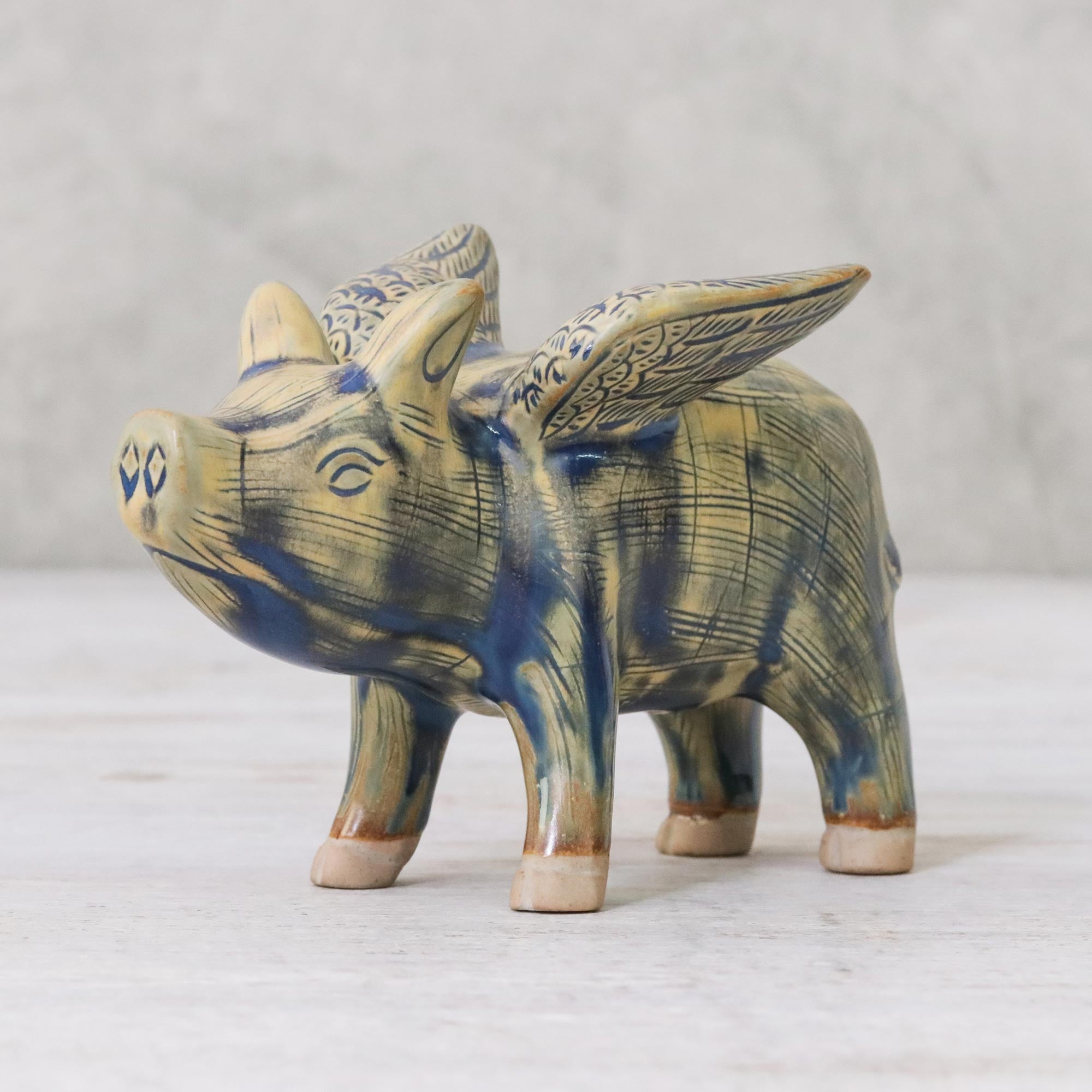 NOVICA Flying Pig Ceramic Flying Pig in Mustard and Blue Shades ...