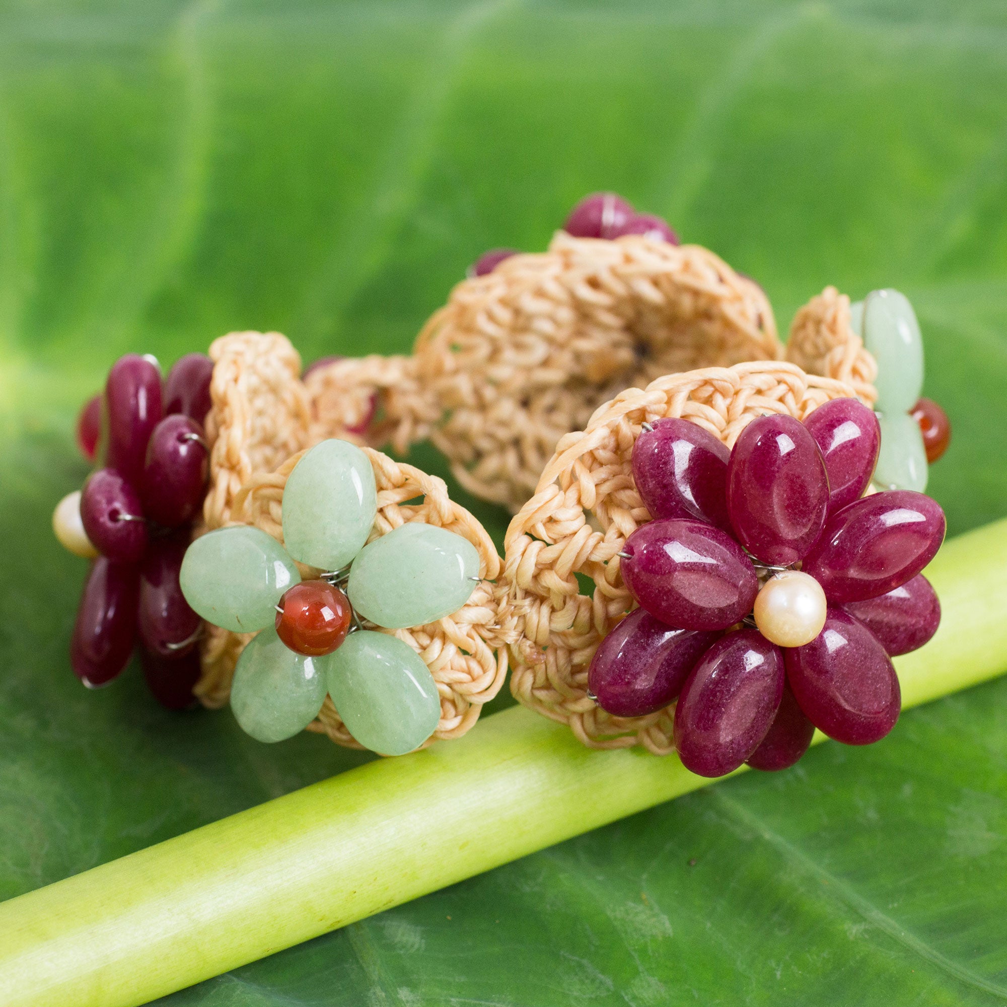 NOVICA Floral Garland in Berry Deep Pink and Green Quartz Crocheted ...