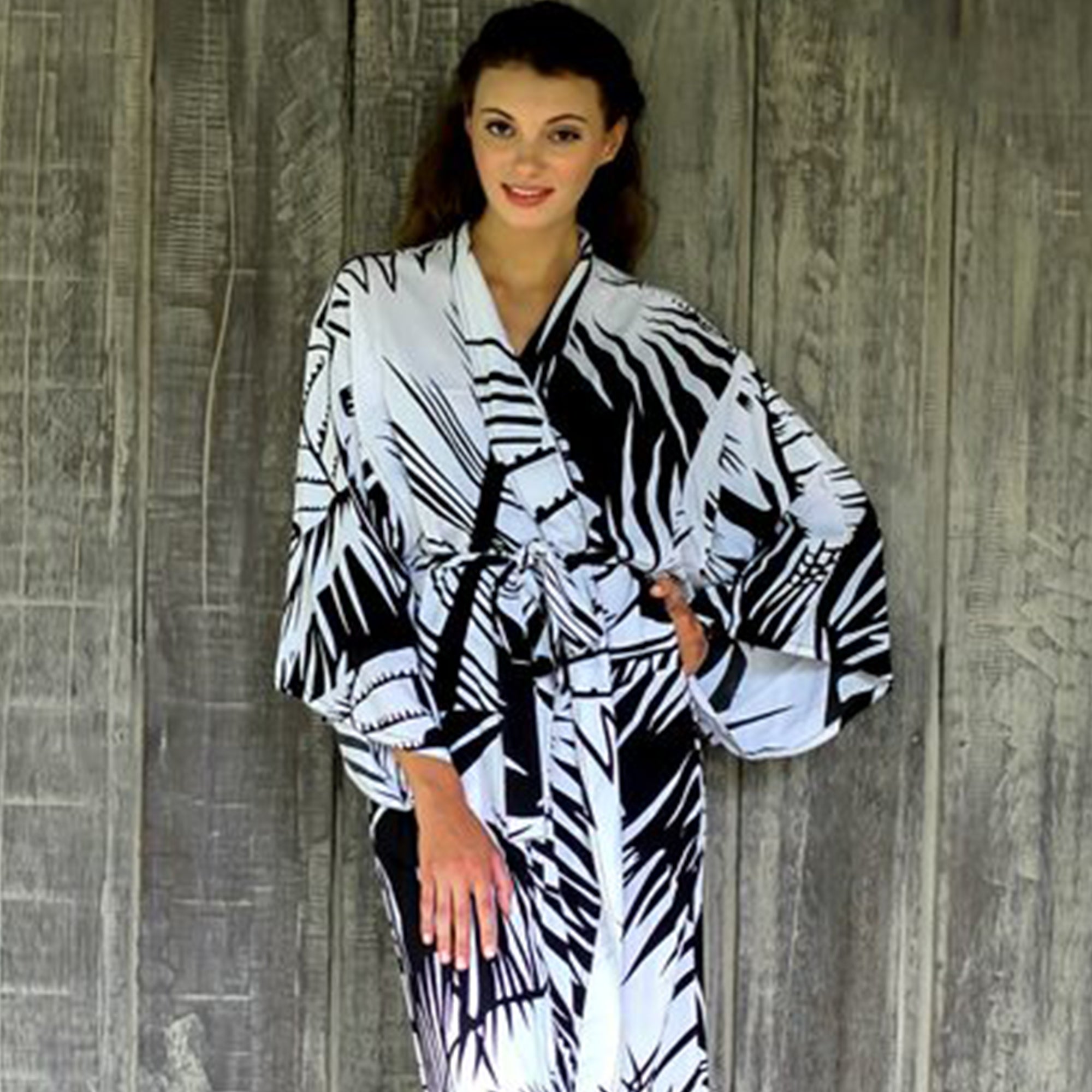 NOVICA White Tiger Black and White Long Rayon Robe | GreaterGood