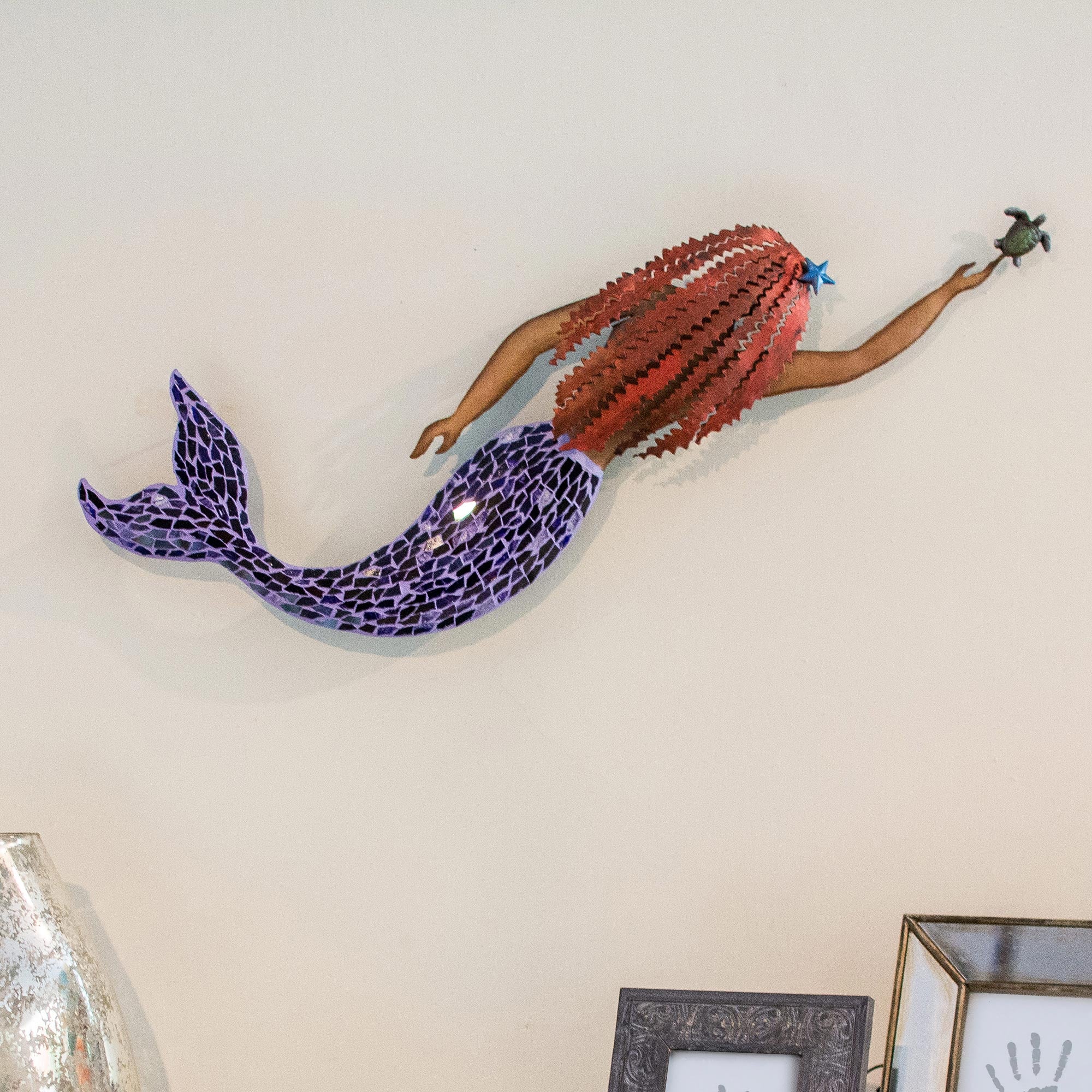 NOVICA Mermaid and Turtle Handmade Iron and Glass Mosaic Mermaid Wall ...