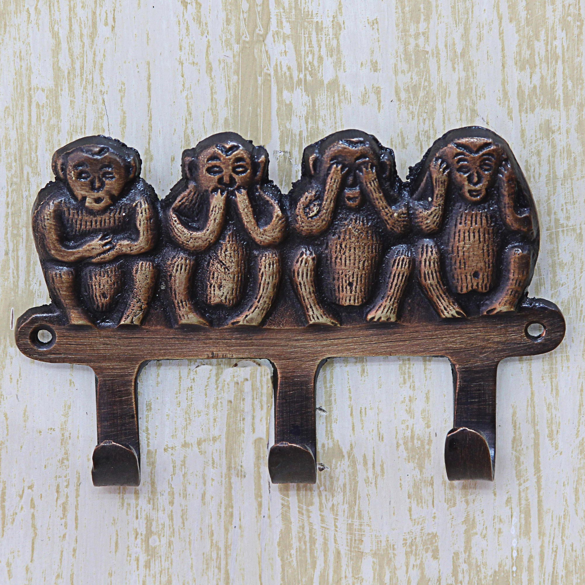 NOVICA Four Wise Monkeys Hand Crafted Monkey Brass Key Chain Holder ...