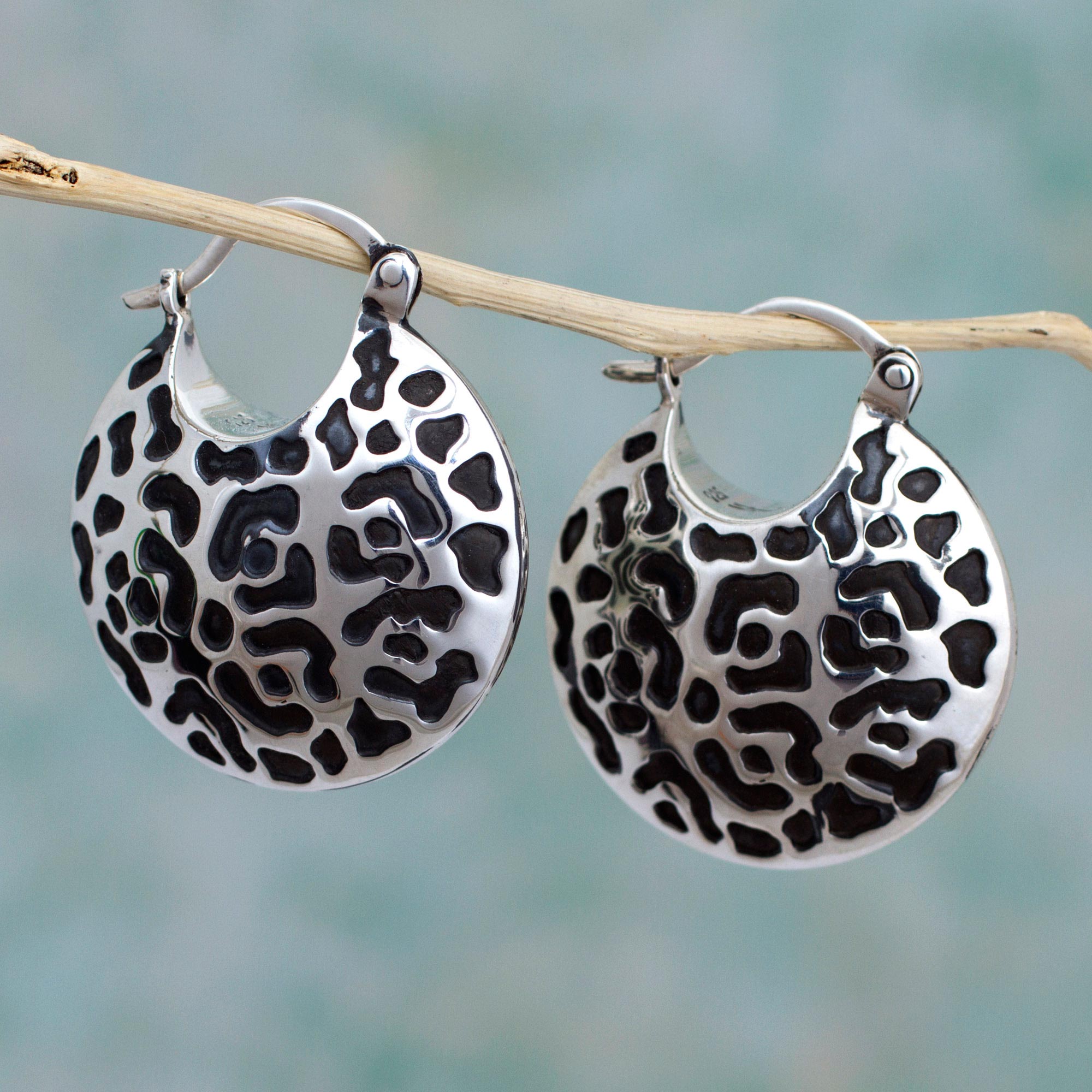 NOVICA Life of the Jaguar Hand Made Sterling Silver Spot Hoop Earrings ...