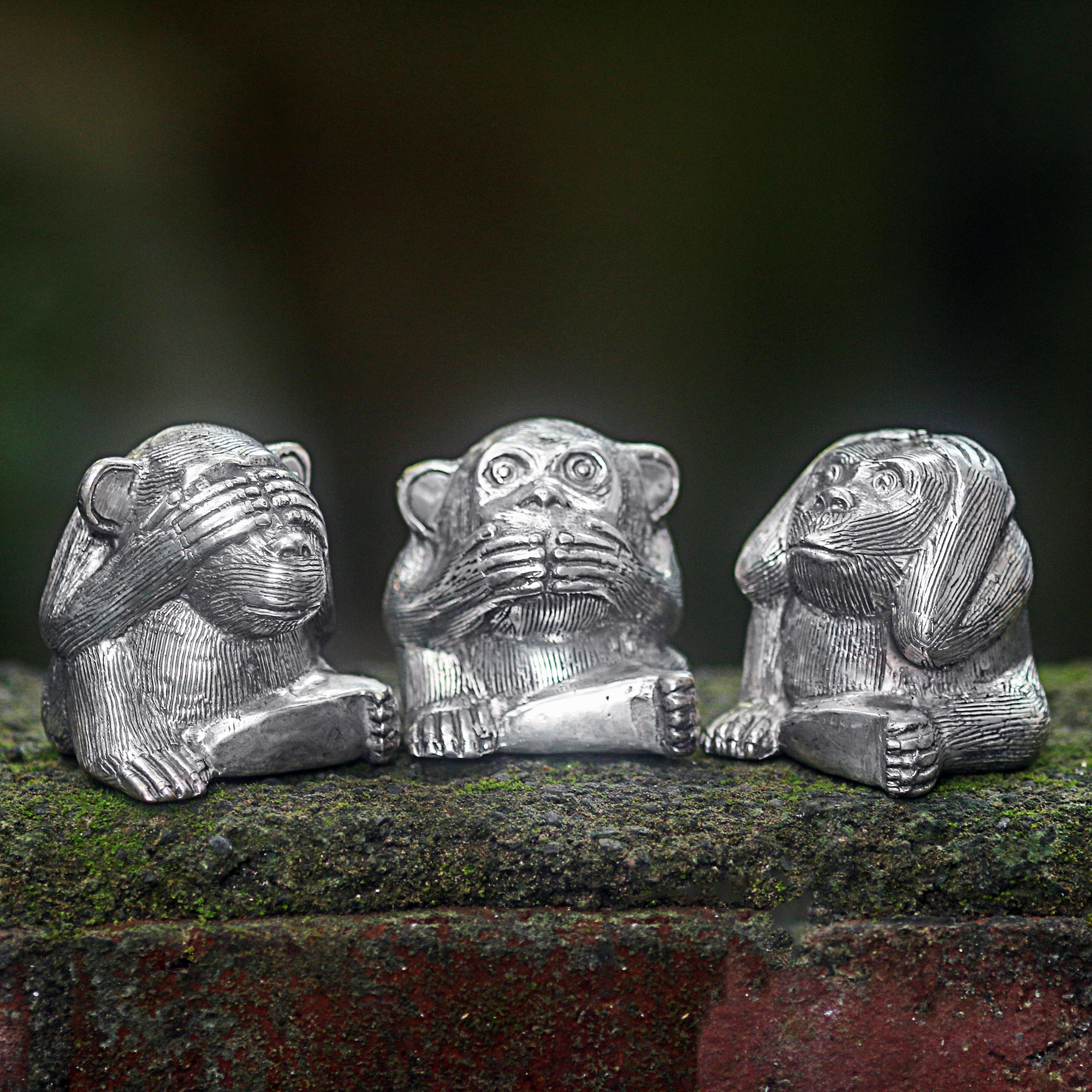 NOVICA Monkeys of Wisdom Silver Colored Bronze Monkey Figurines (Set of ...