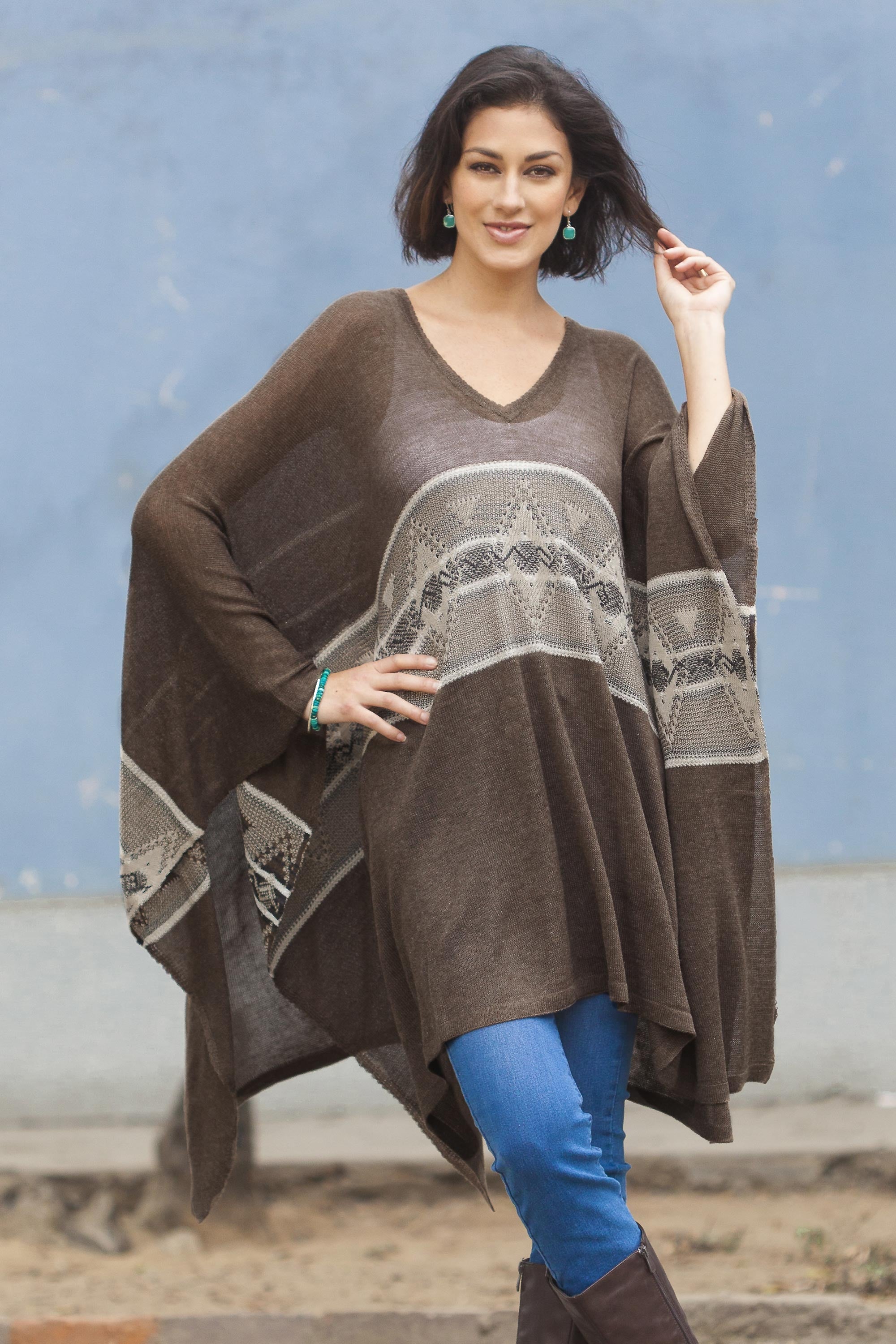 NOVICA Brown Inca Woven Dark Brown Poncho with Stripe from Peru ...