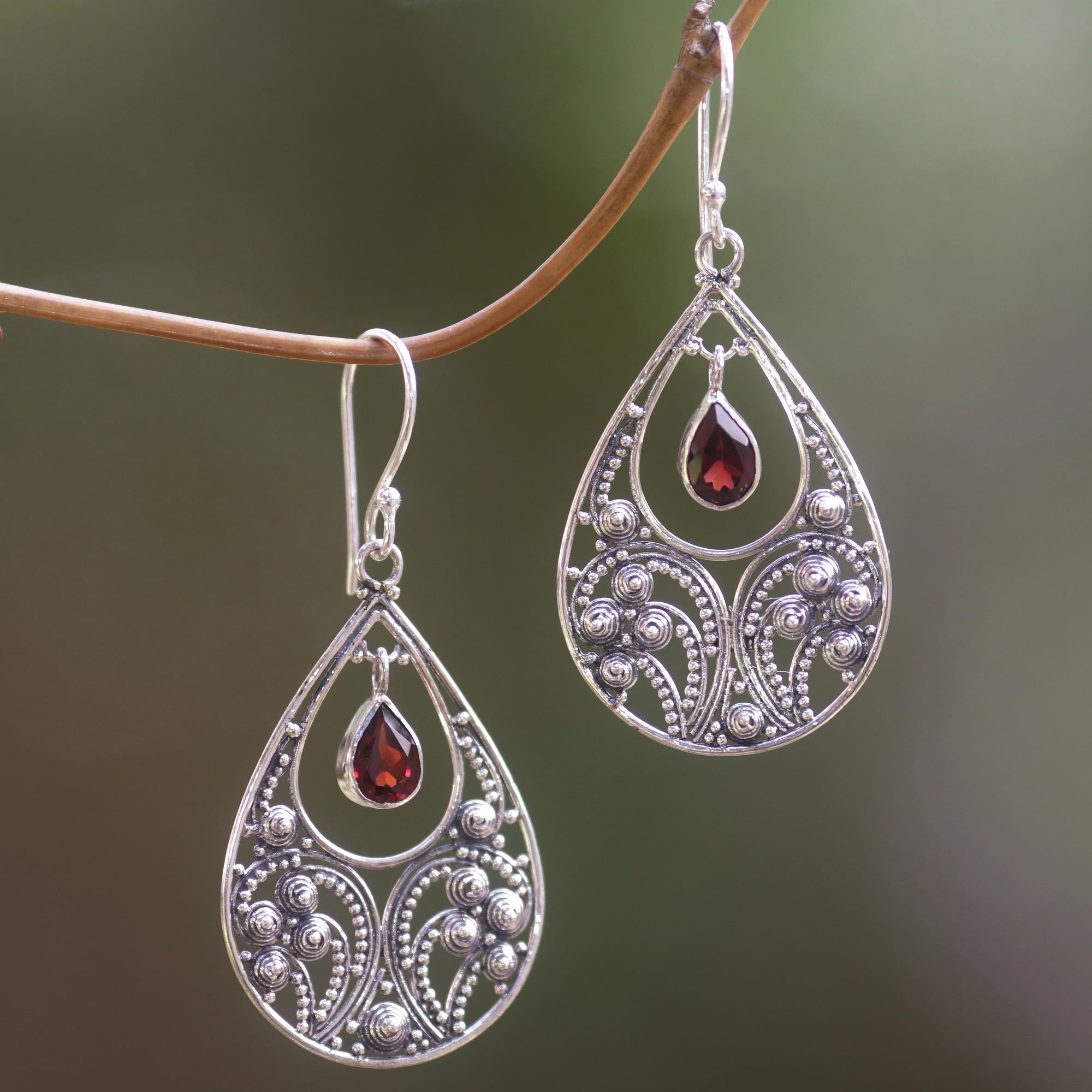 NOVICA Bali Crest Garnet & Silver Dangle Earrings | GreaterGood