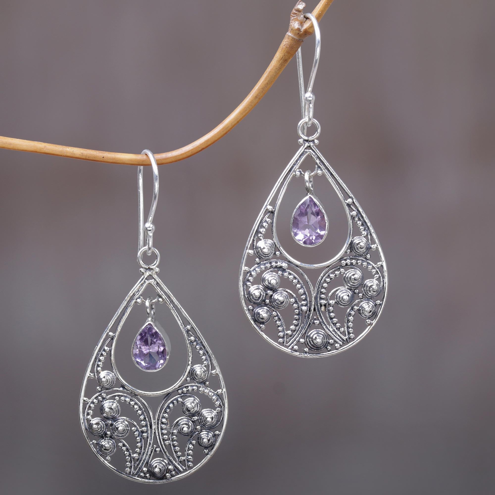 NOVICA Bali Crest Amethyst and Sterling Silver Dangle Earrings ...