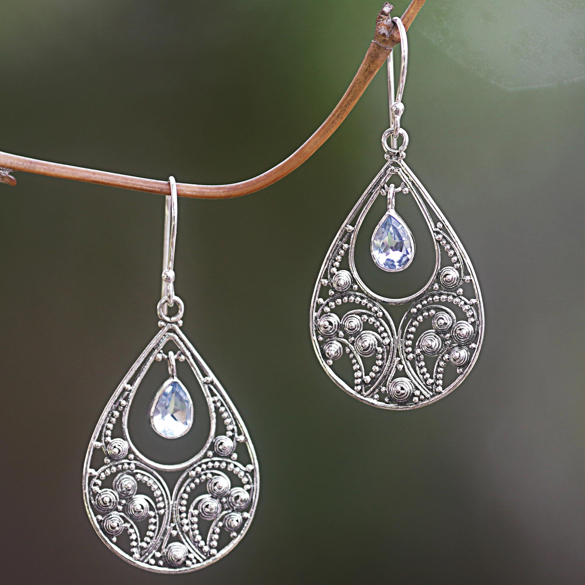 NOVICA Bali Crest Sterling Silver and Blue Topaz Dangle Earrings ...