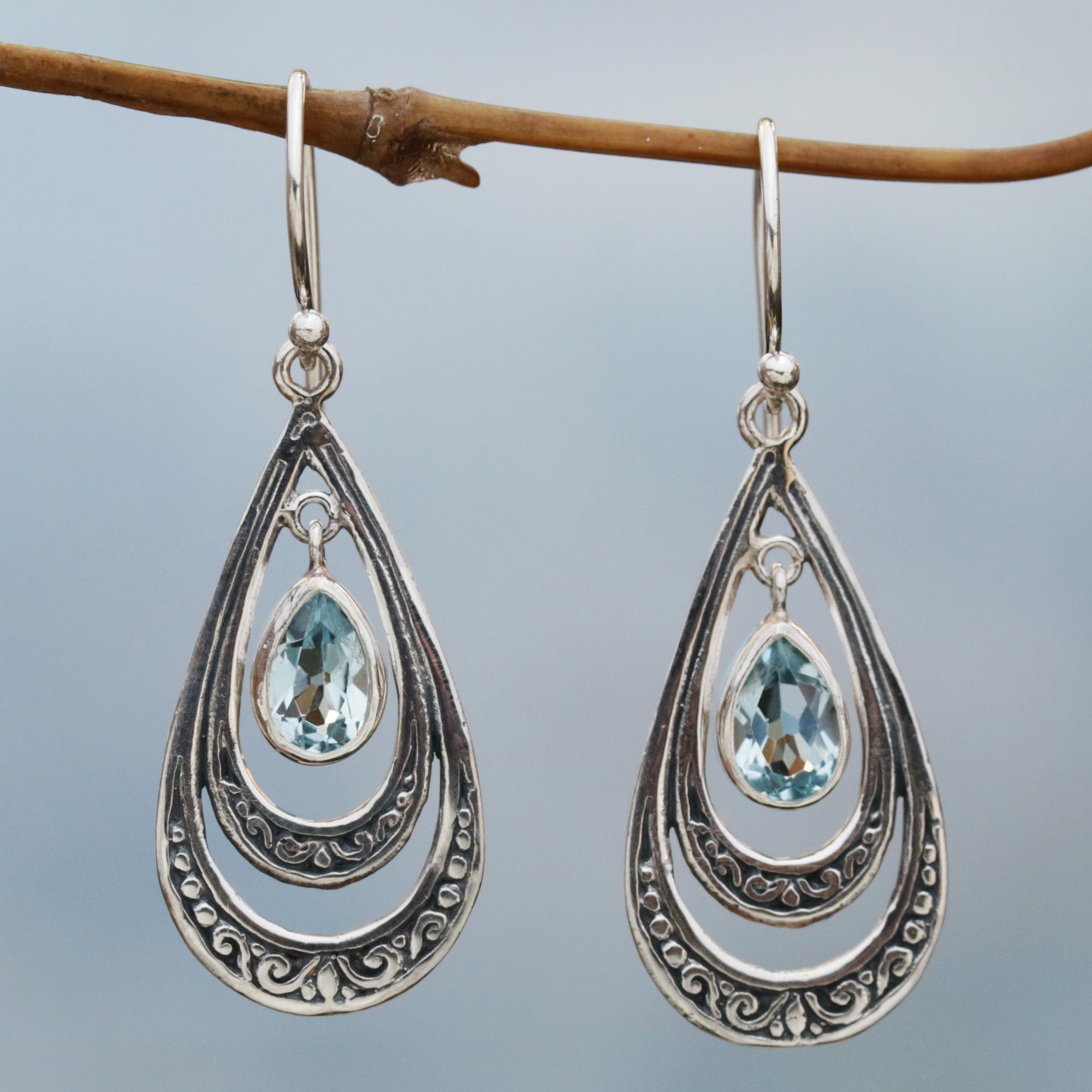 NOVICA Gleaming Teardrops in Blue Blue Topaz Teardrop Dangle Earrings ...