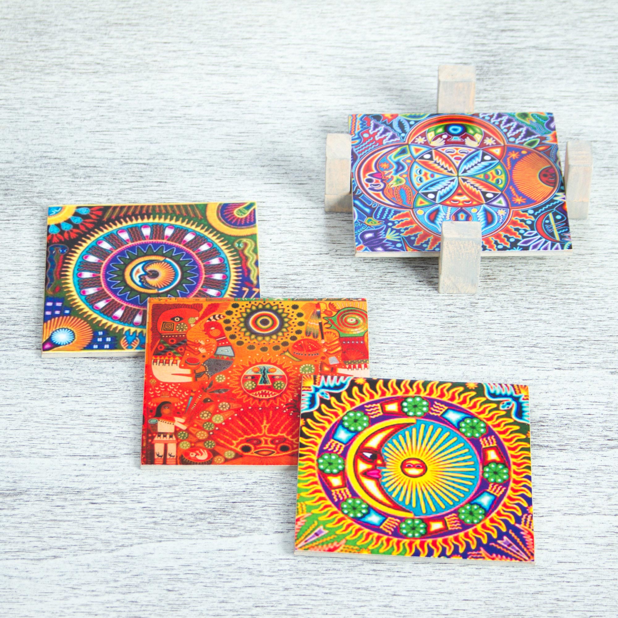 NOVICA Huichol Sun and Moon Four Decoupage Pinewood Mexican Sun and ...
