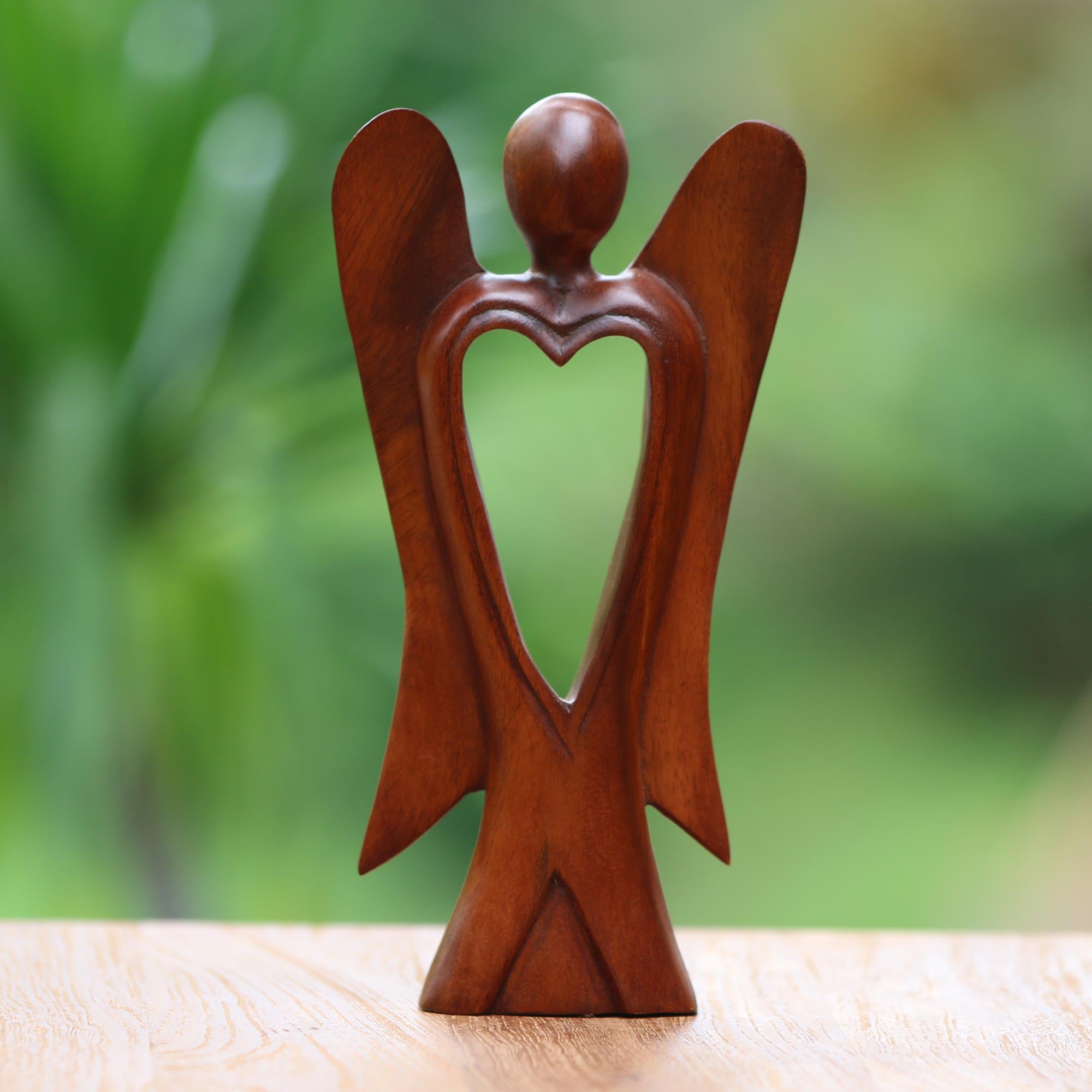 NOVICA Heart Of An Angel Carved Wood Heart Angel Sculpture | GreaterGood