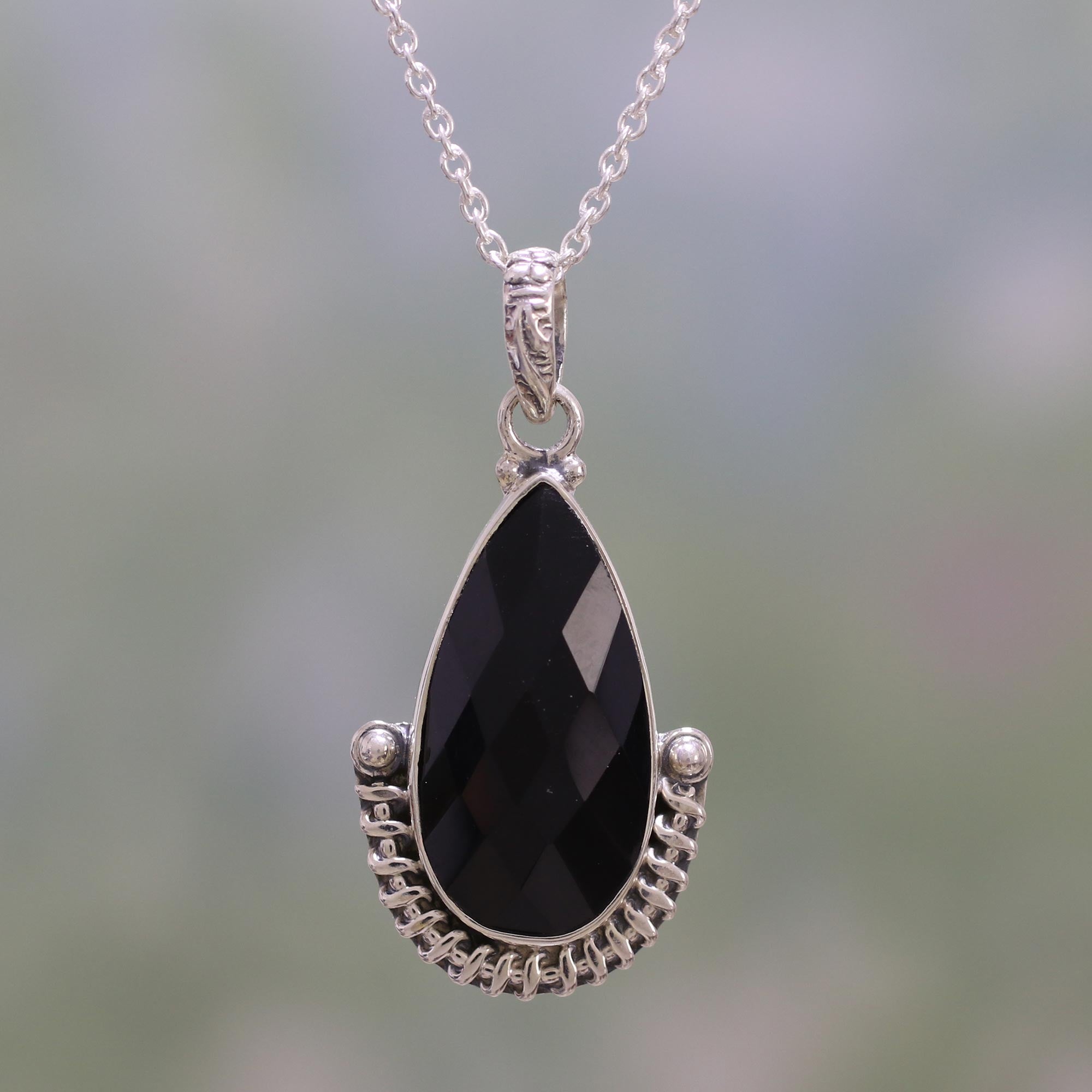 NOVICA Magical Night Onyx Silver Pendant Necklace | GreaterGood