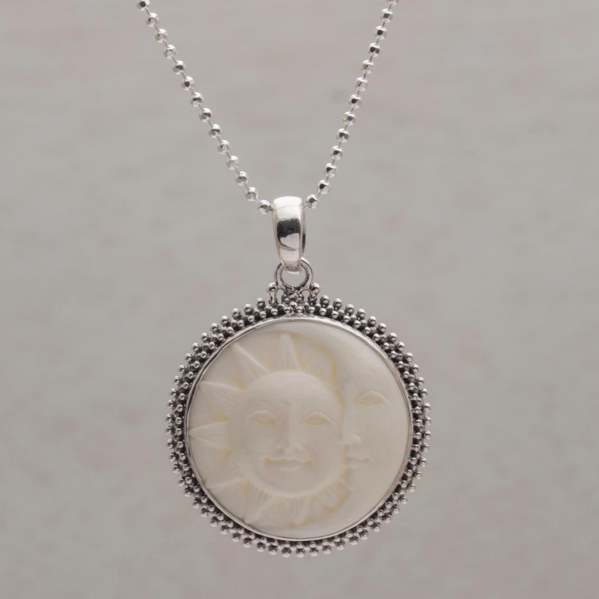NOVICA Stellar Lovers Sterling Silver and Bone Sun and Moon Necklace ...