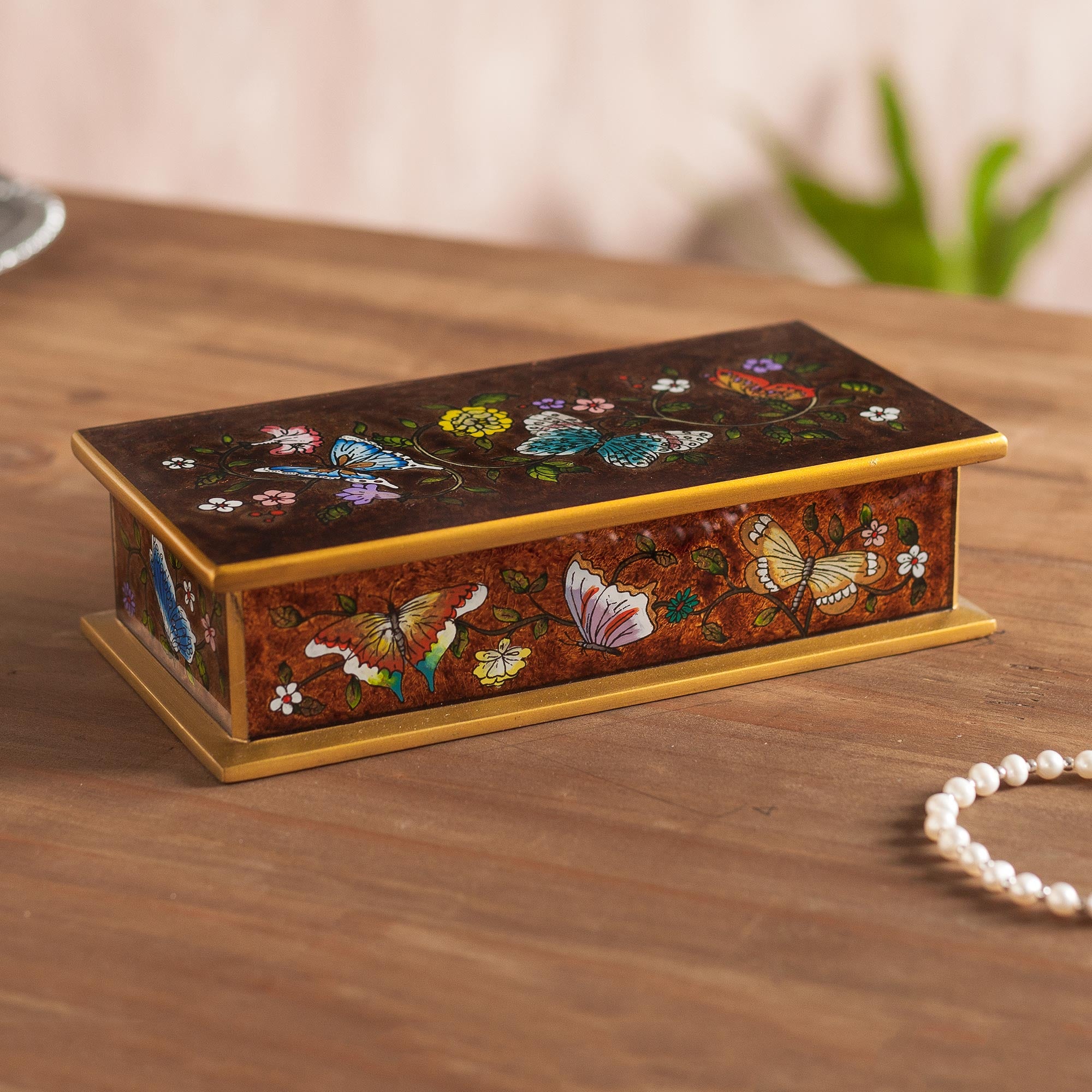 NOVICA Butterfly Jubilee In Sepia Glass & Wood Box | GreaterGood