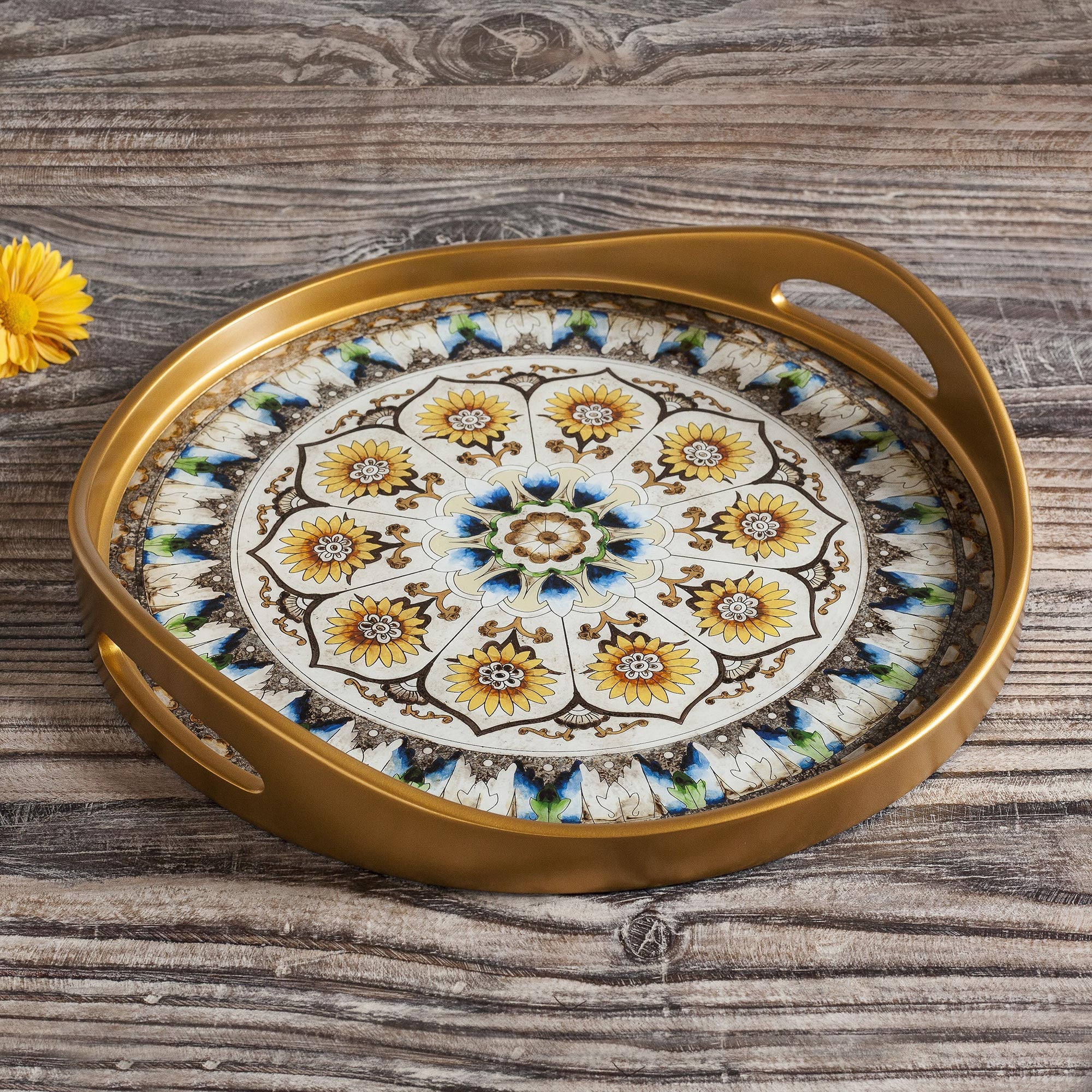 Blue Andean Mandala Andean Sunflower Theme Reverse-Painted Glass Tray ...
