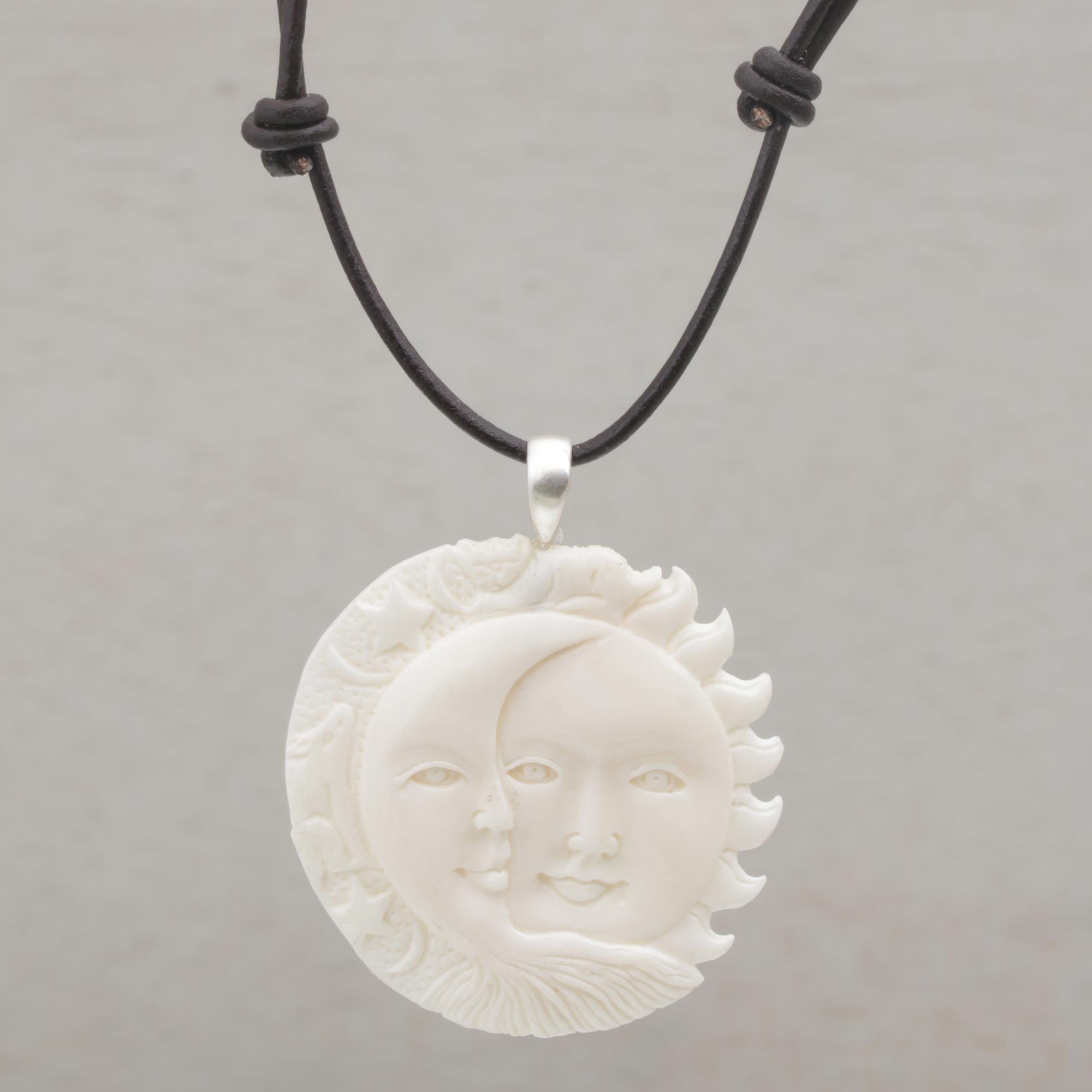 NOVICA Stellar Guardians Bone & Leather Pendant Necklace | GreaterGood
