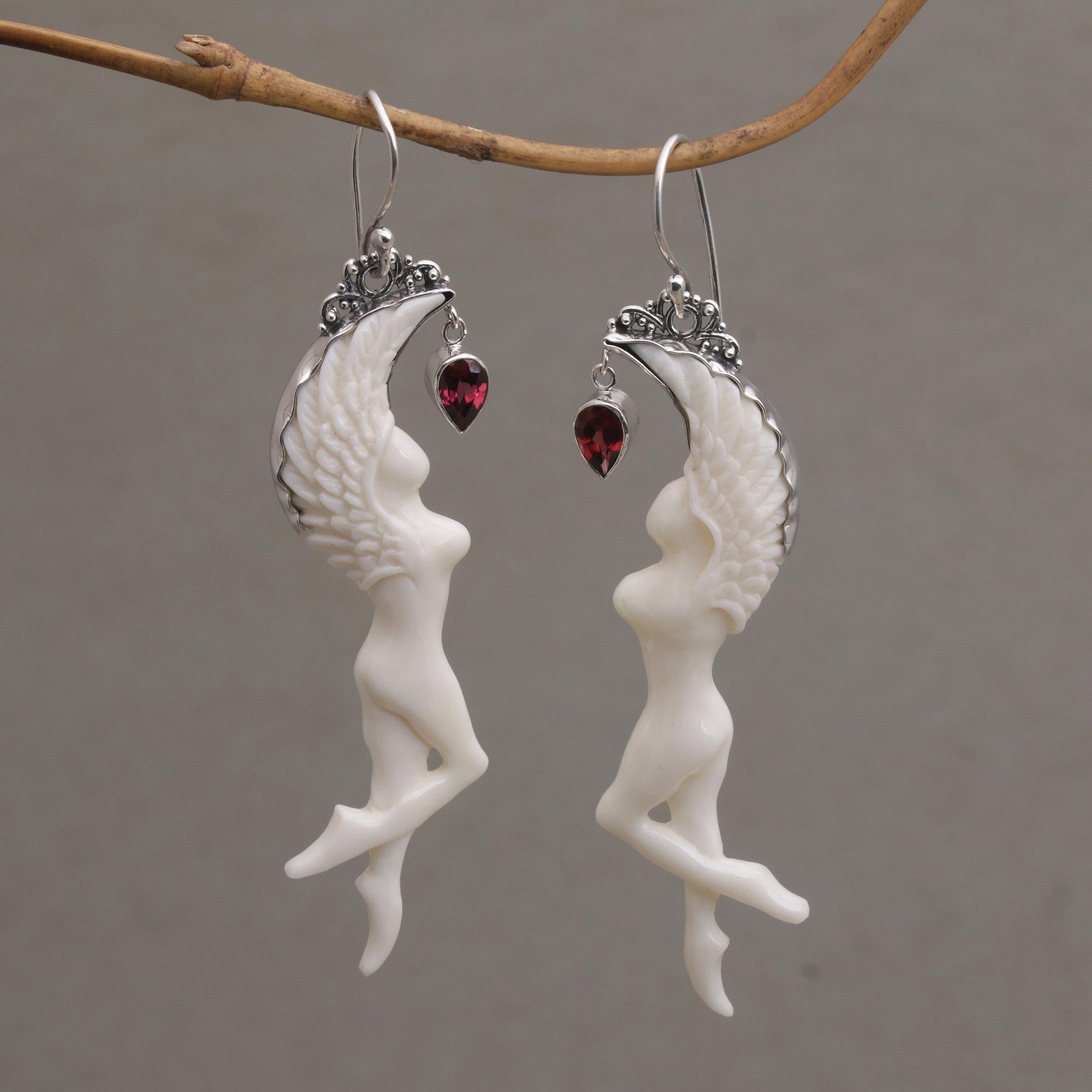 NOVICA Dancing Angels Garnet Silver & Bone Dangle Earrings | GreaterGood