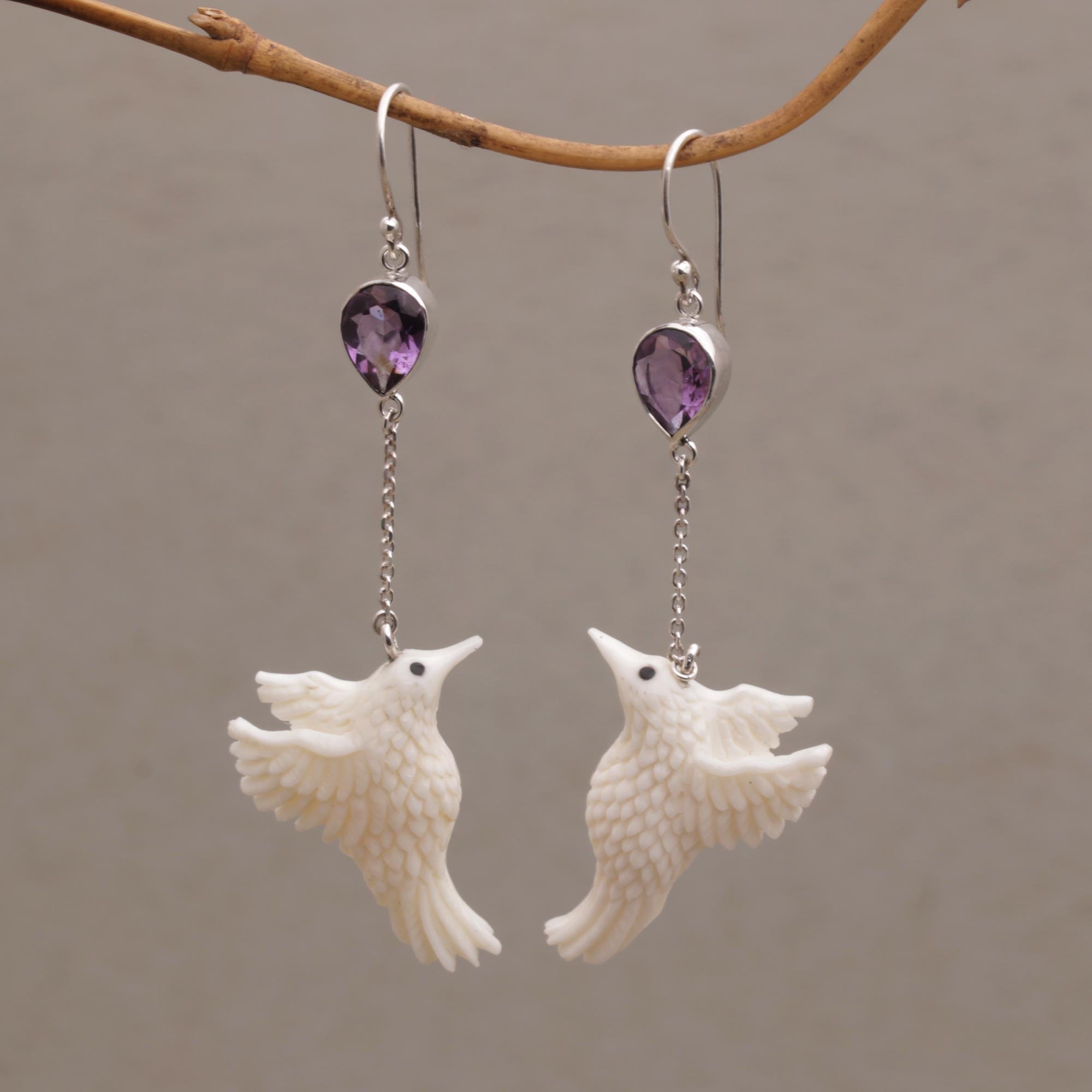 NOVICA Dancing Hummingbirds Cow Bone Earrings | GreaterGood