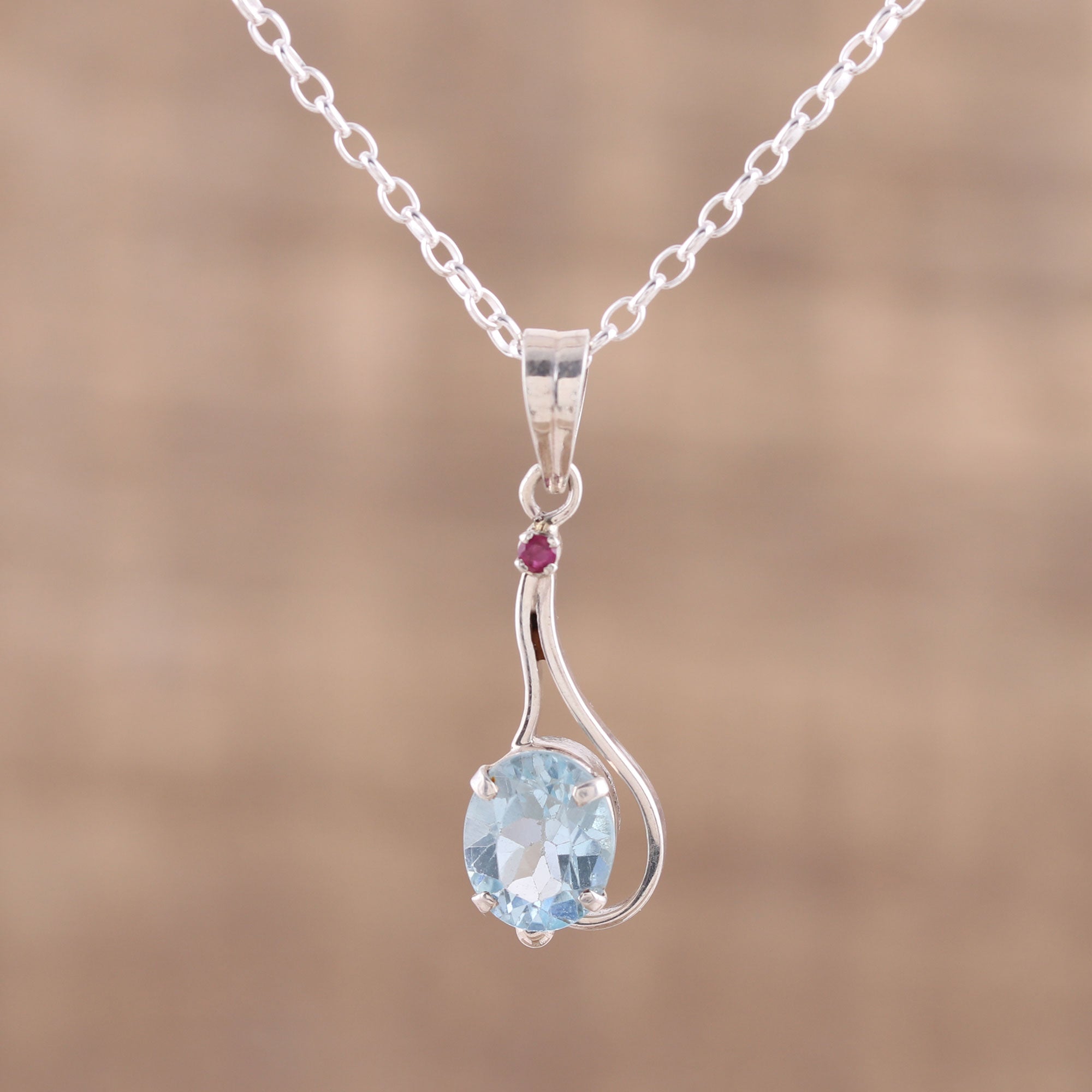NOVICA Enthralling Sky Blue Topaz and Ruby Pendant Necklace from India ...