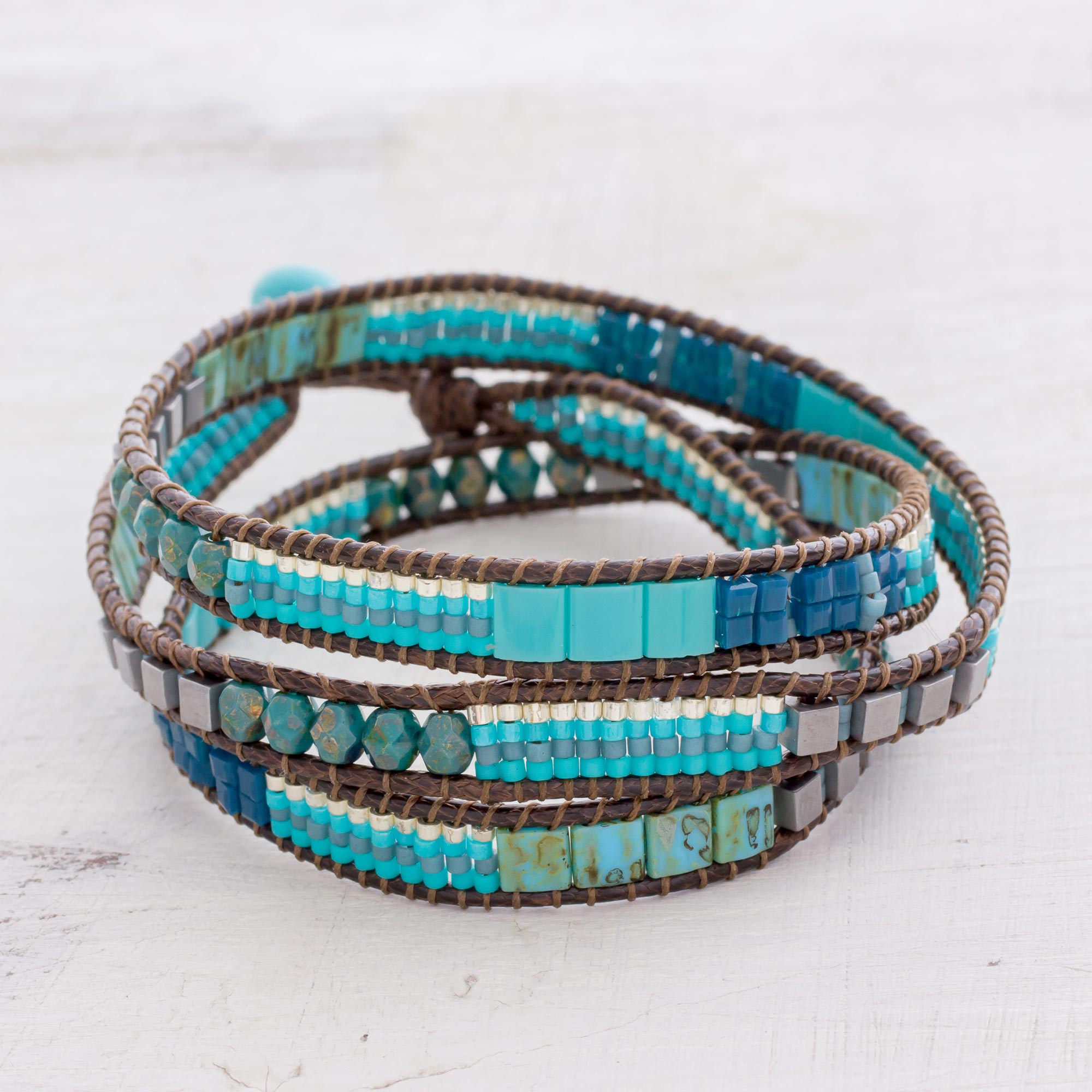 Mayan Monolith Glass Beaded Wrap Bracelet in Turquoise from Guatemala ...