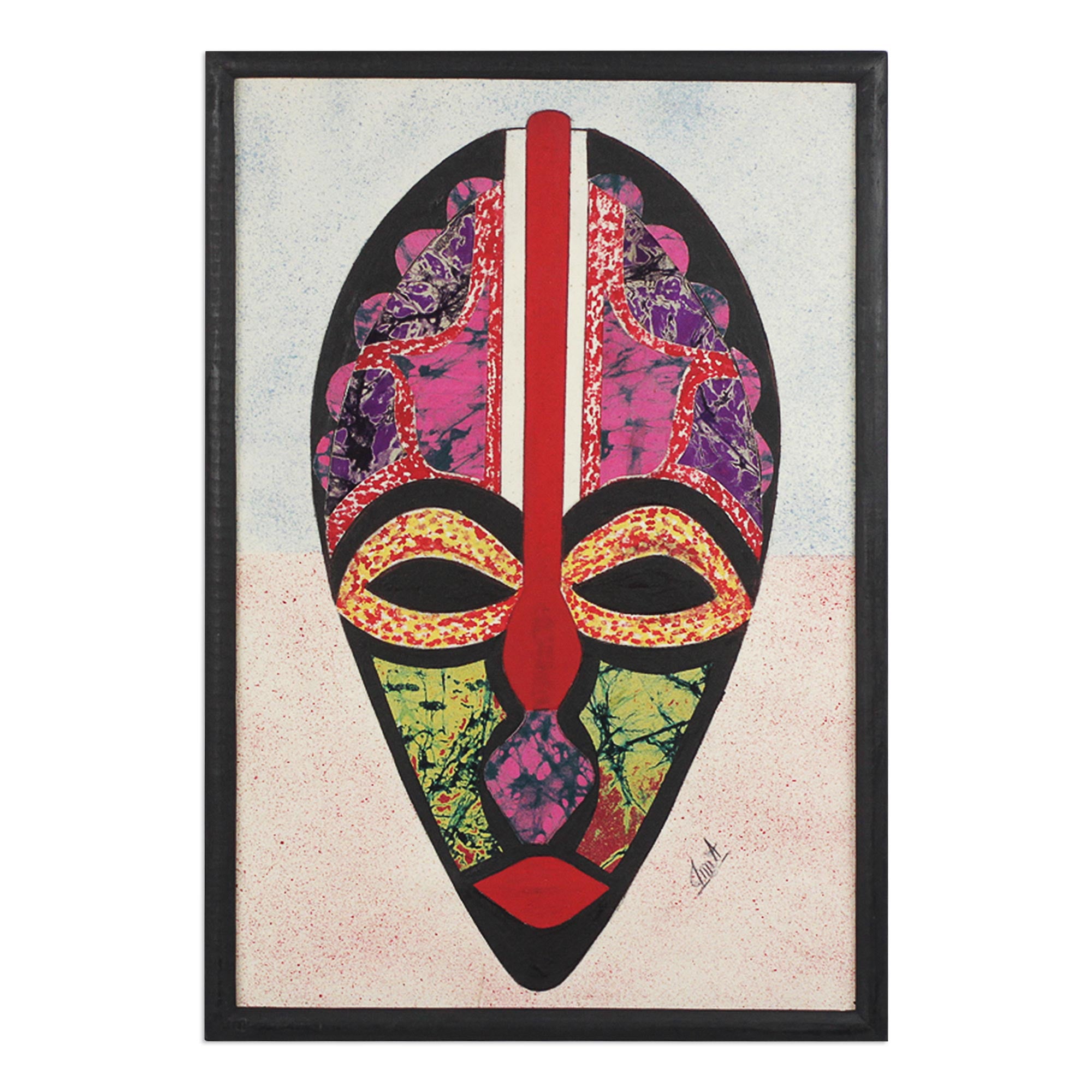 NOVICA Odo Akan African Mask Oil on Cotton Batik Collage from Ghana ...