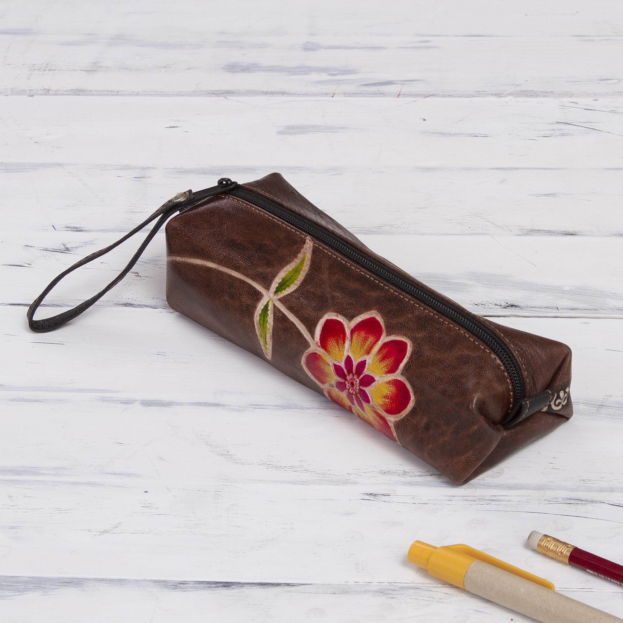 NOVICA Moray Flower Brown Leather Pencil Case with Hand Painted Flower ...