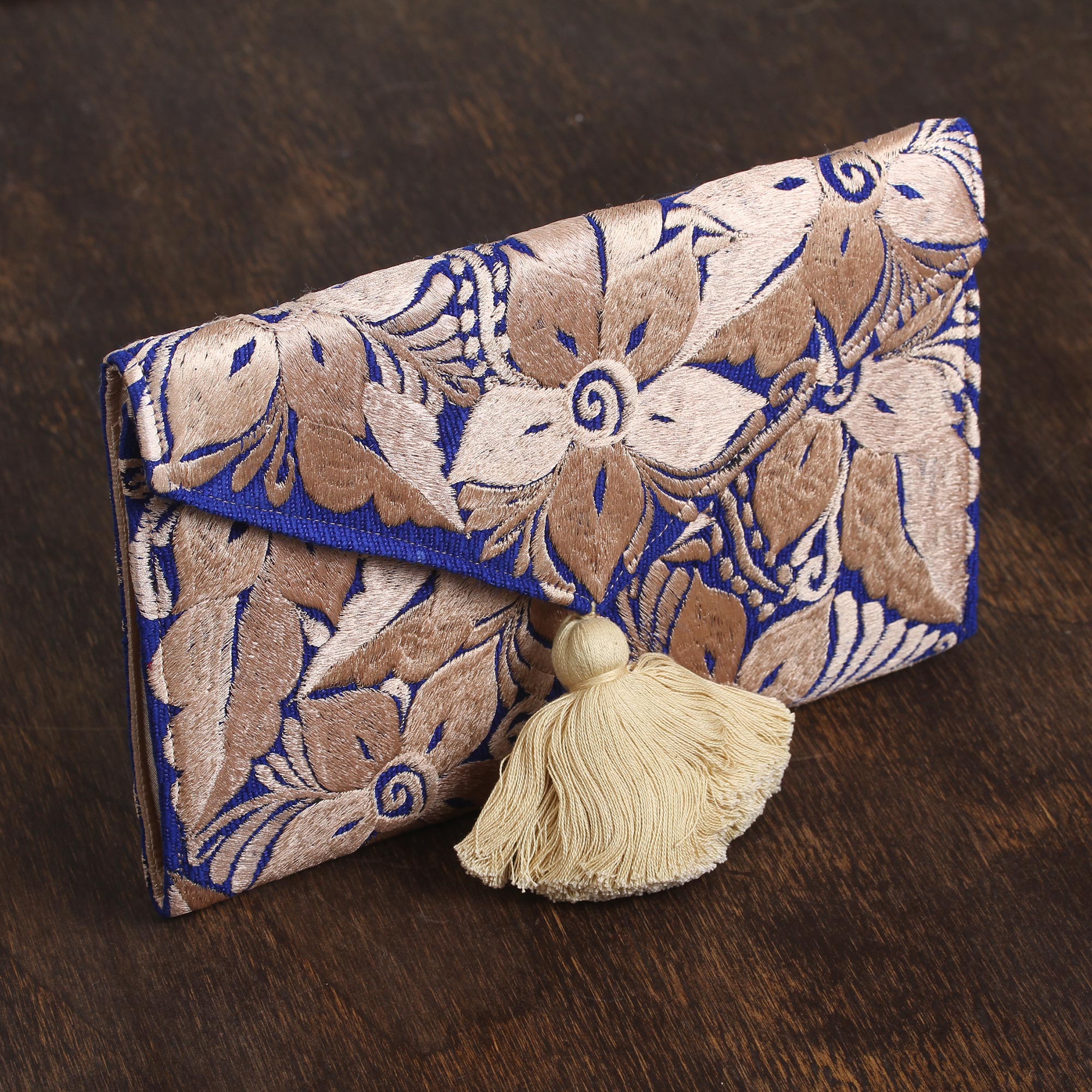 NOVICA Buff Bouquet Embroidered Satin Clutch Purse with Buff Floral ...