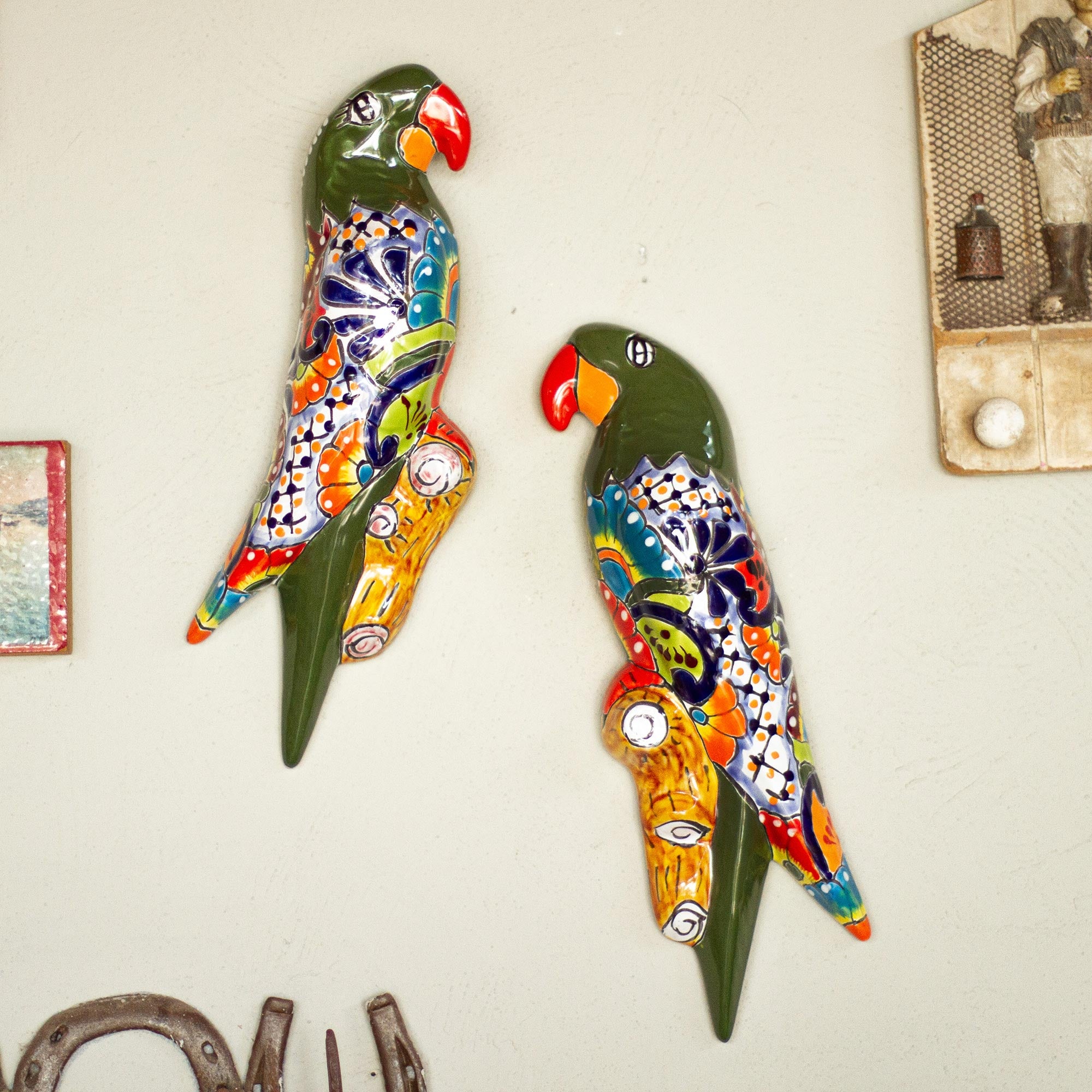 NOVICA Parrot Friends Ceramic Parrot Wall Sculptures from Mexico (Pair ...