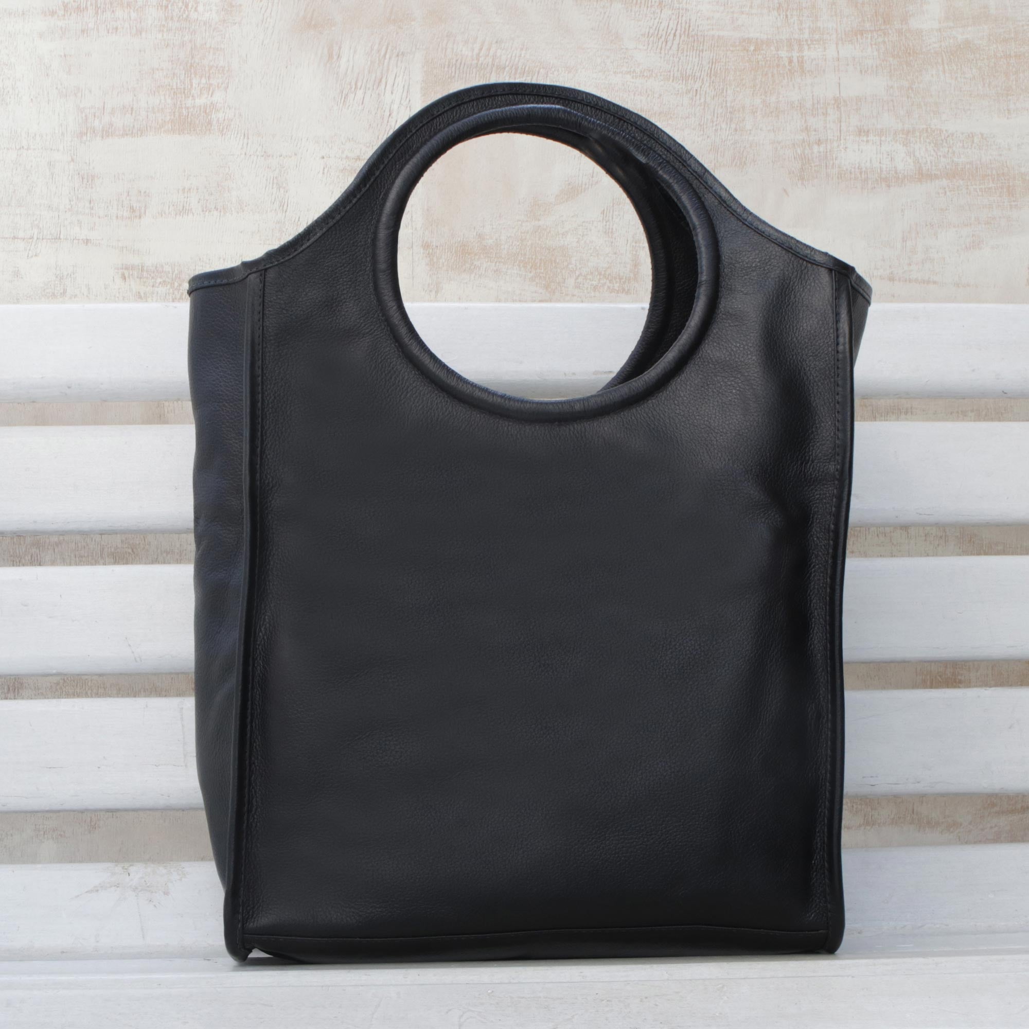 NOVICA Black Fashion Black Leather Handbag with Two Coin Purses from ...